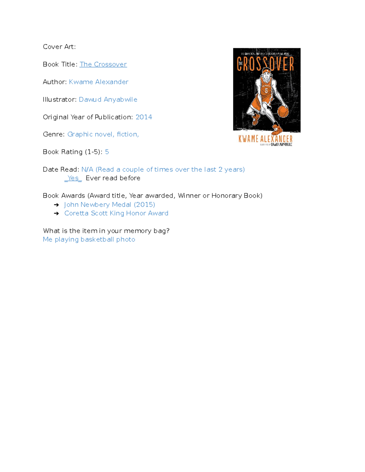 The Crossover memory bag activity form - Cover Art: Book Title: The ...