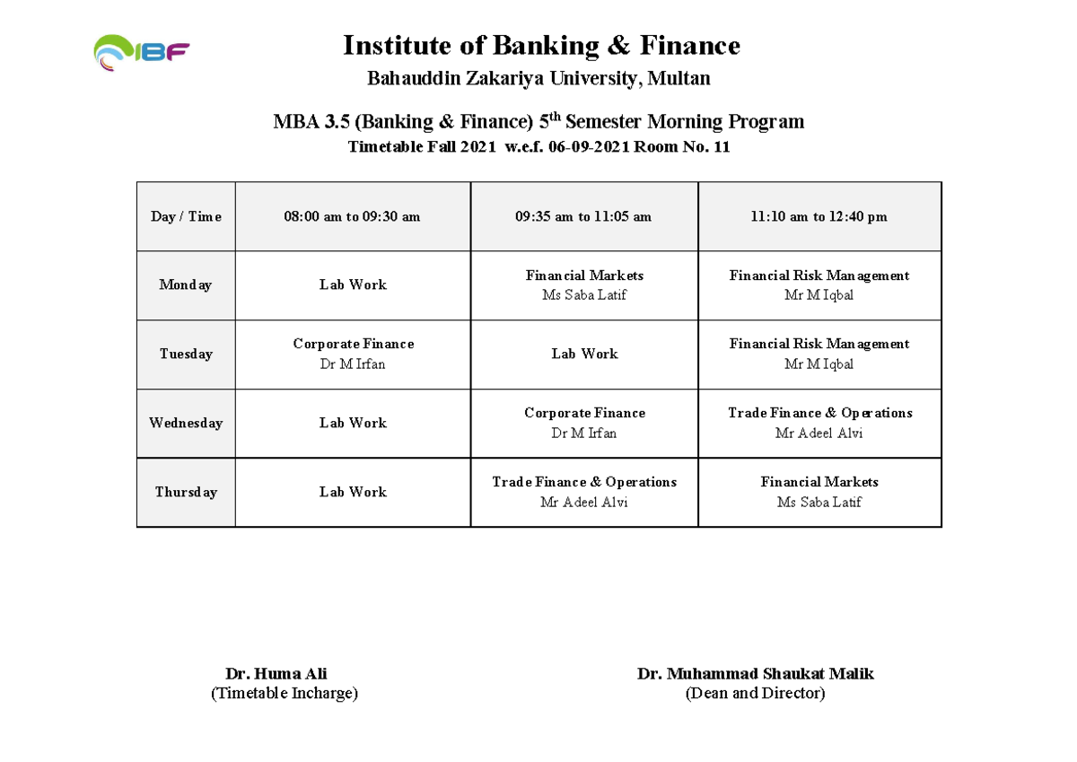 [IBF] 5th Semester Timetable (Fall 2021) w.e.f 06-09-2021 - Bahauddin ...