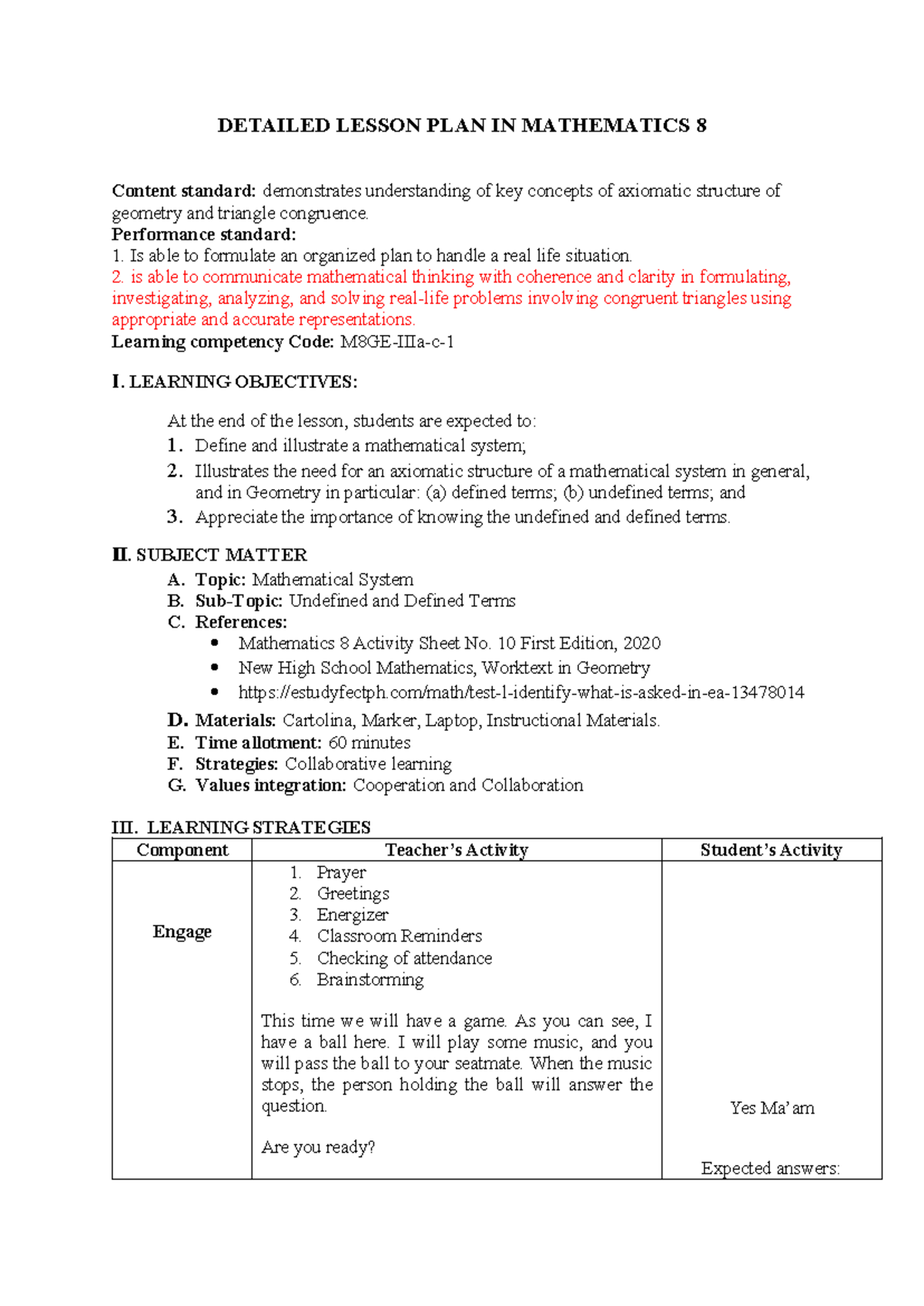 Undefined and defined DEMO Final - DETAILED LESSON PLAN IN MATHEMATICS ...