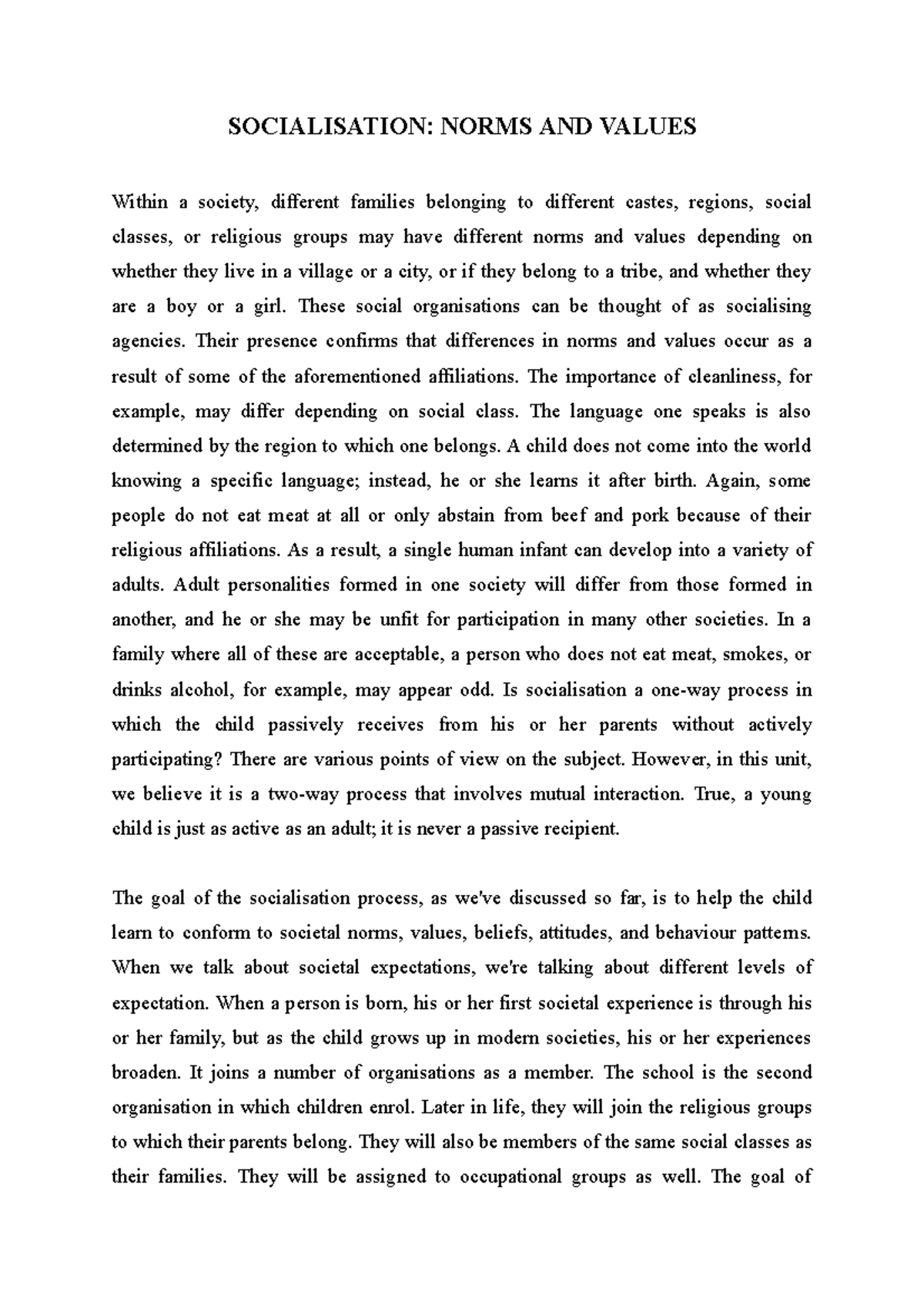 Socialisation- Norms AND Values - SOCIALISATION: NORMS AND VALUES ...