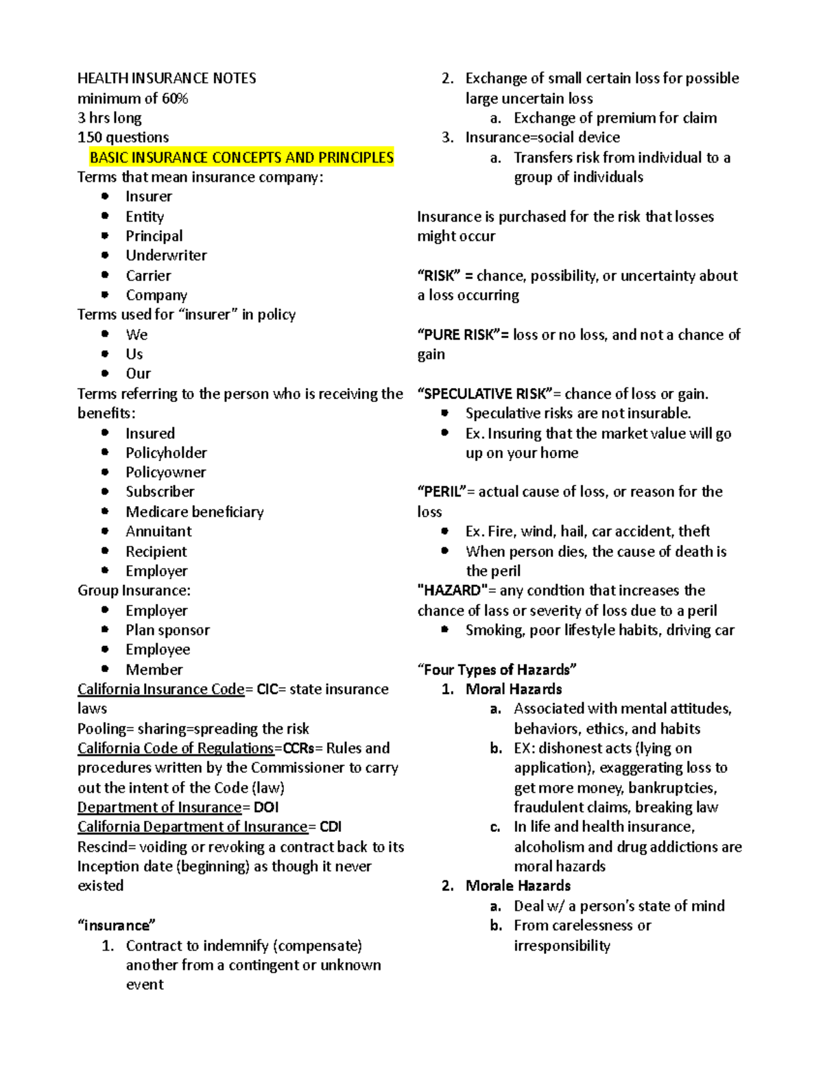Health Insurance Notes - HEALTH INSURANCE NOTES minimum of 60% 3 hrs ...