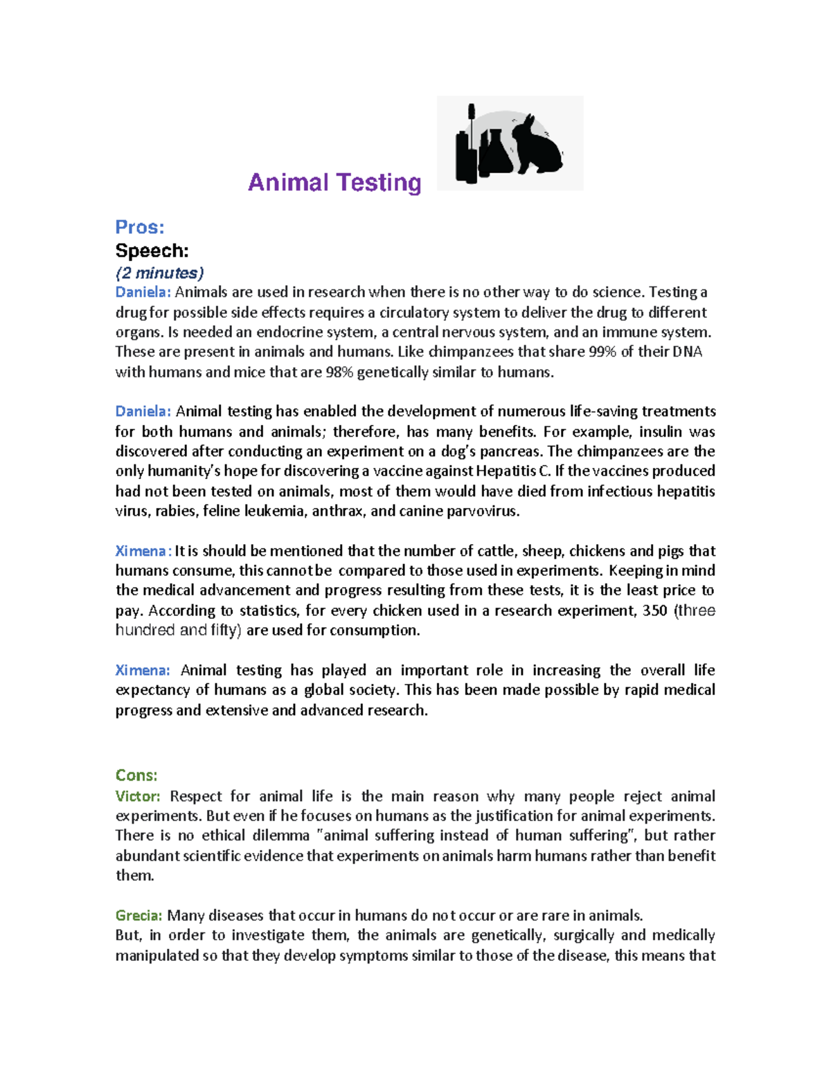 Diálogo del debate Ingles - Animal Testing Pros: Speech: (2 minutes ...