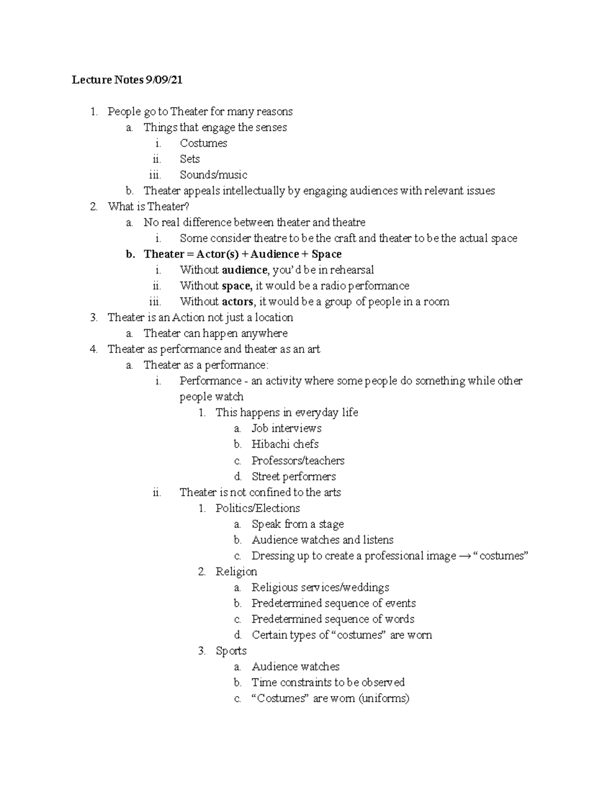 Theater Appreciation Lecture Notes Fall Semester - Lecture Notes 9/09 ...