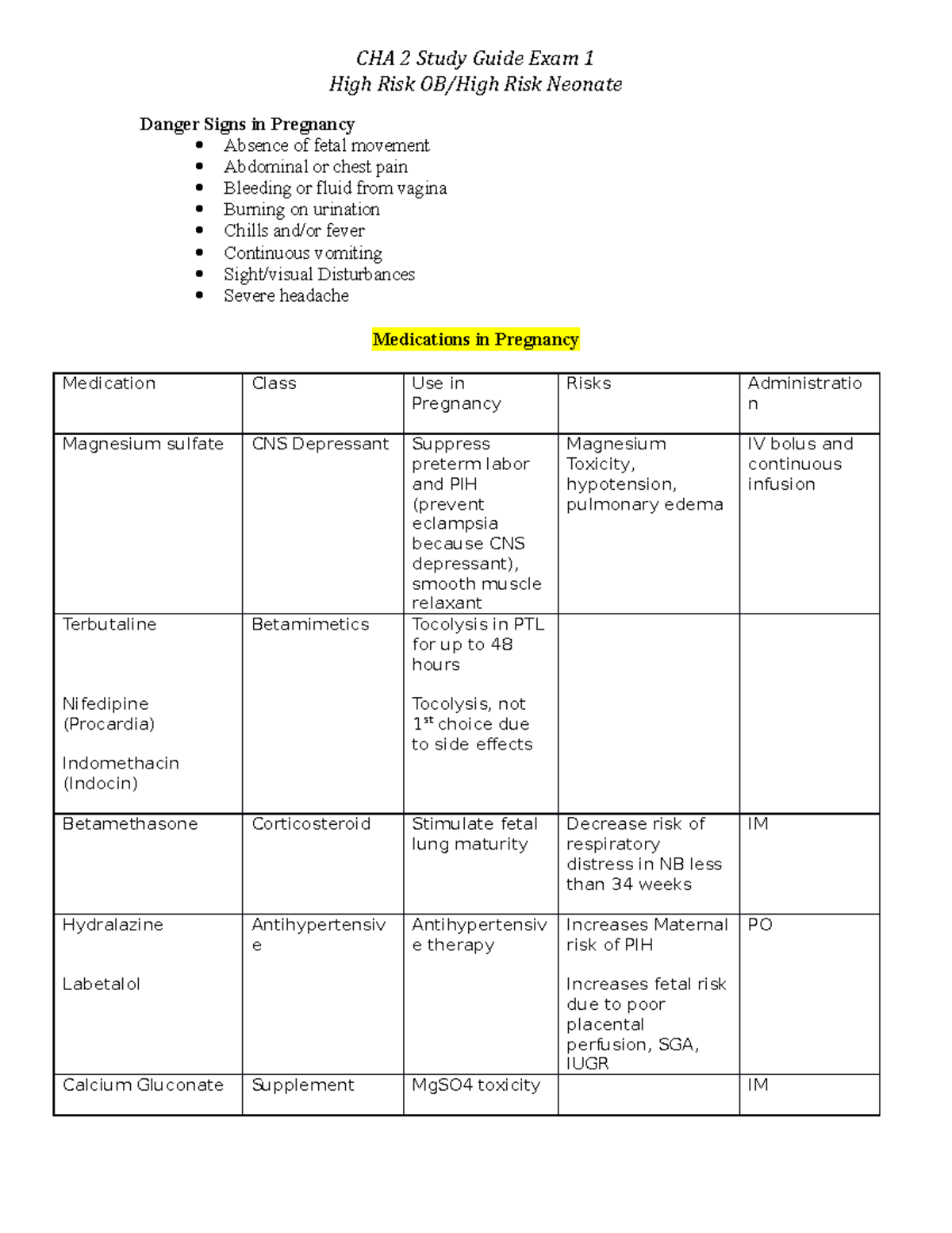 OB NB Study Guide Spring 2021 - High Risk OB/High Risk Neonate Danger ...