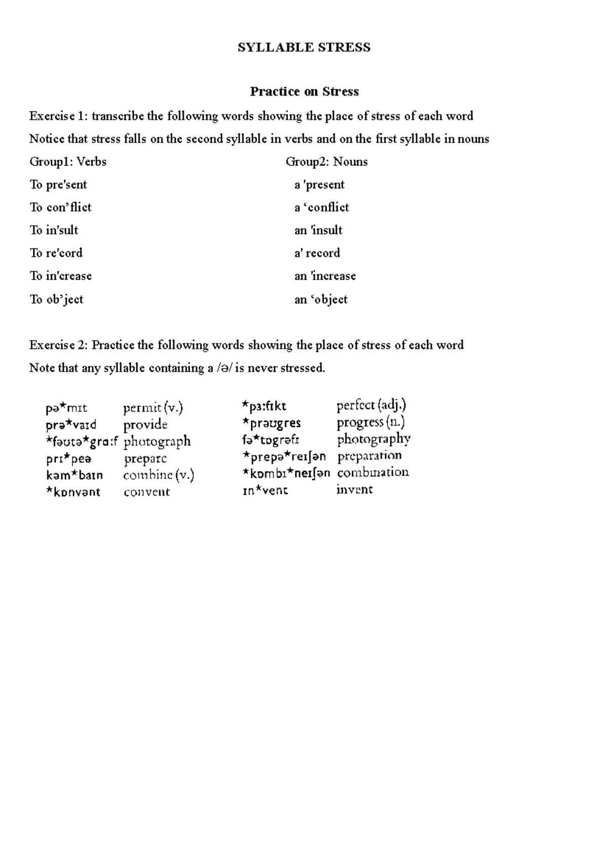 2 Syllable Stress - SYLLABLE STRESS Practice on Stress Exercise 1 ...