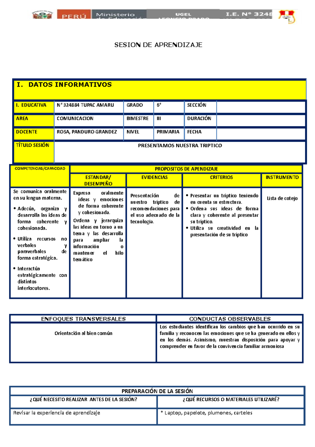 Sesion COM Presentamos nuestra triptico - SESION DE APRENDIZAJE I. DATOS INFORMATIVOS I ...