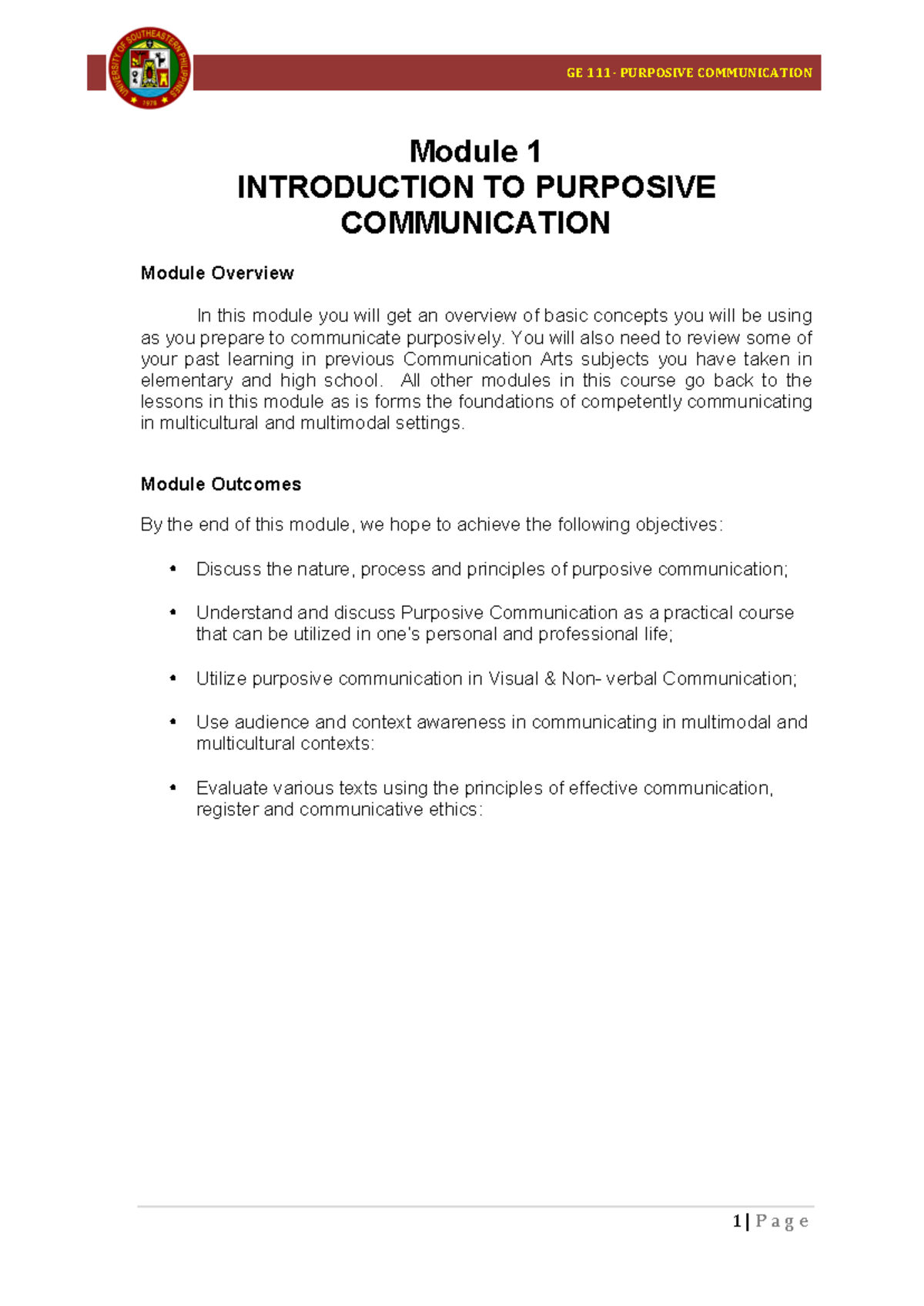 GE111 M1L1 - GE 111 - Module 1 INTRODUCTION TO PURPOSIVE COMMUNICATION ...