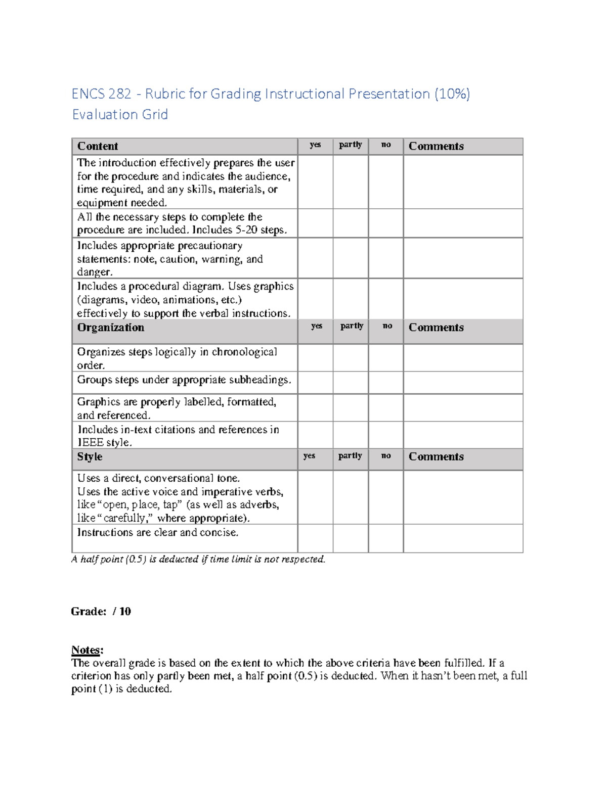 Assessment Rubric - Instructional Presentation - ENCS 282 - Rubric for ...