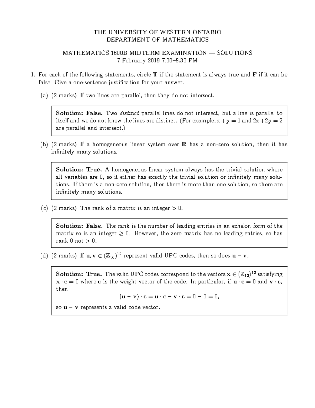 Midterm 1 Fall 2013 Sol - Past exam - THE UNIVERSITY OF WESTERN ONTARIO ...