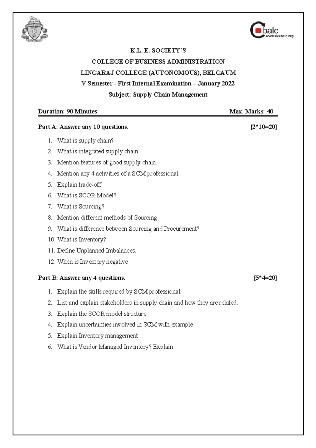 Scm 1st IA - question paper for practice - K. E. SOCIETY’S COLLEGE OF ...