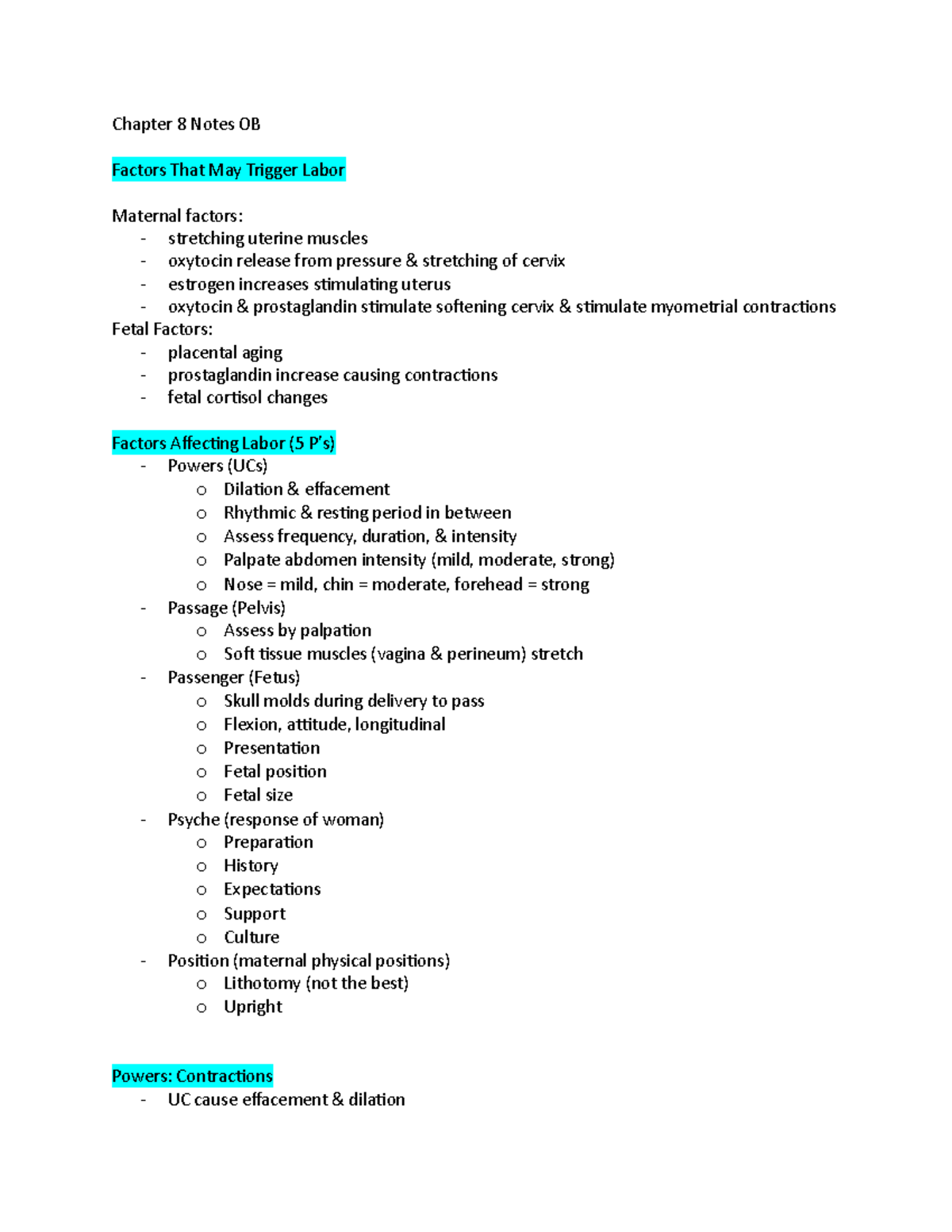 Chapter 8 Notes OB - NUR345 - Cal Baptist - Studocu