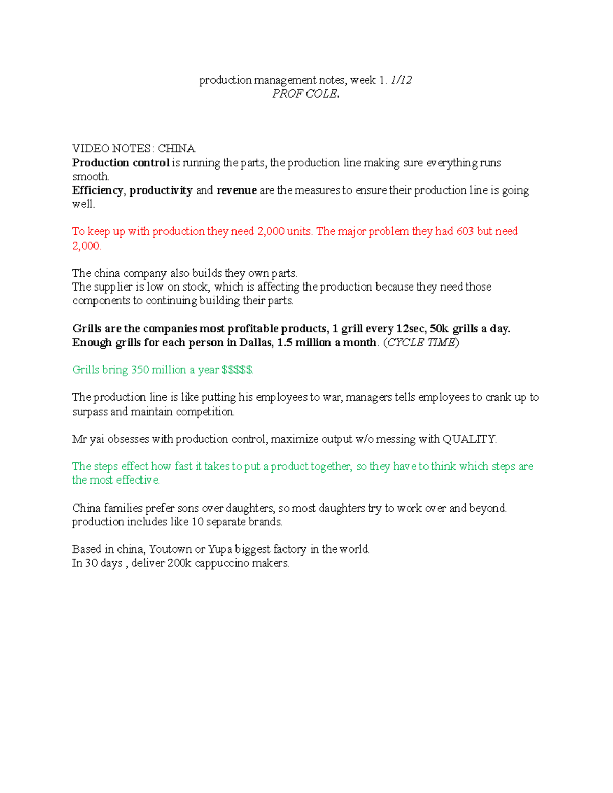 Production management notes - 1/ PROF COLE. VIDEO NOTES: CHINA ...