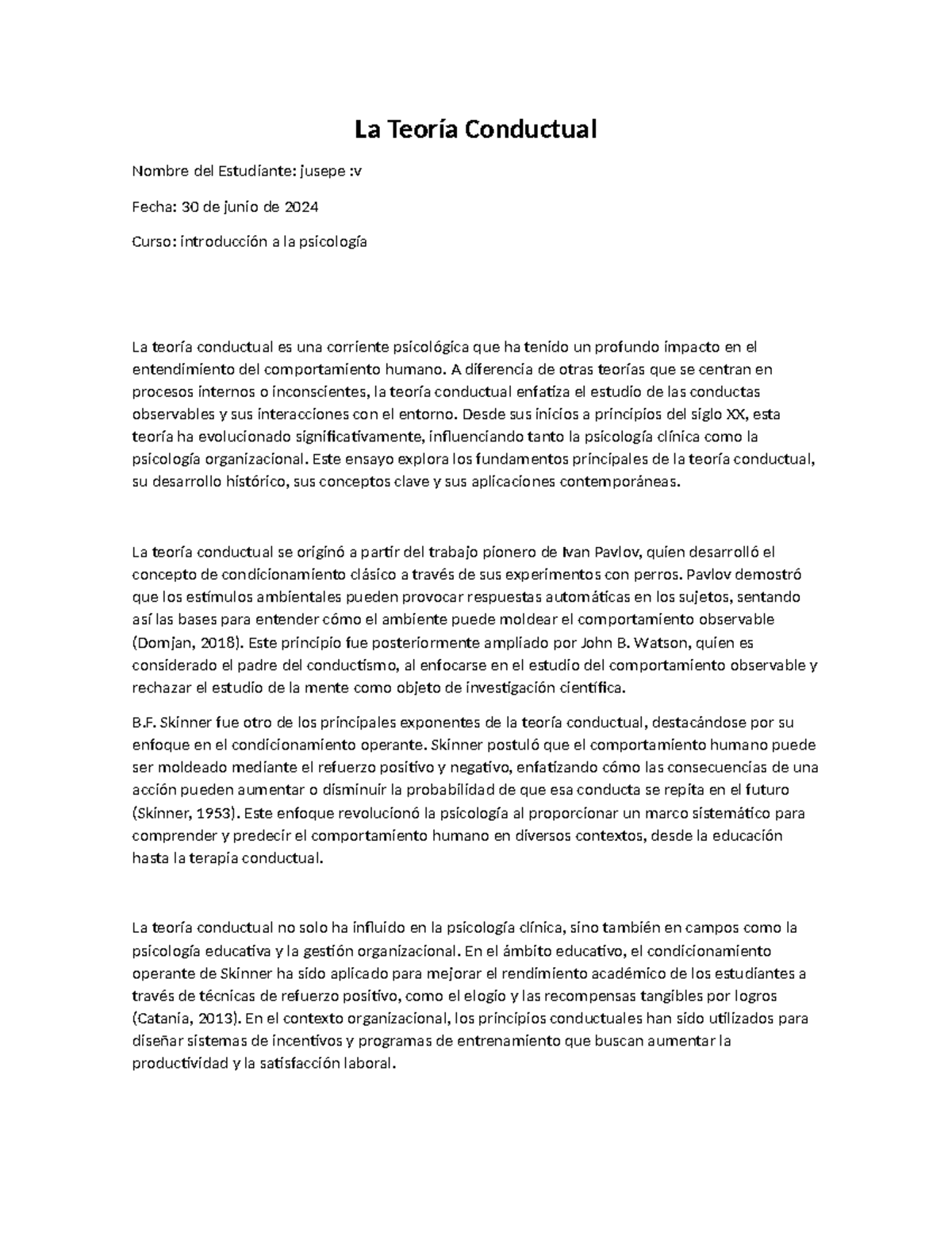 La Teoría Conductual - La Teoría Conductual Nombre del Estudiante ...