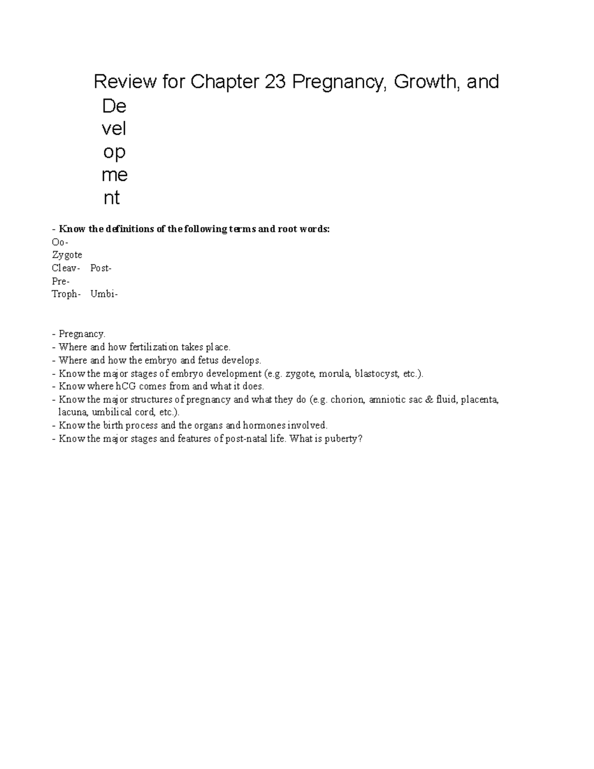 BIO 117 Exam Review Chapter 23 PN - Review for Chapter 23 Pregnancy ...