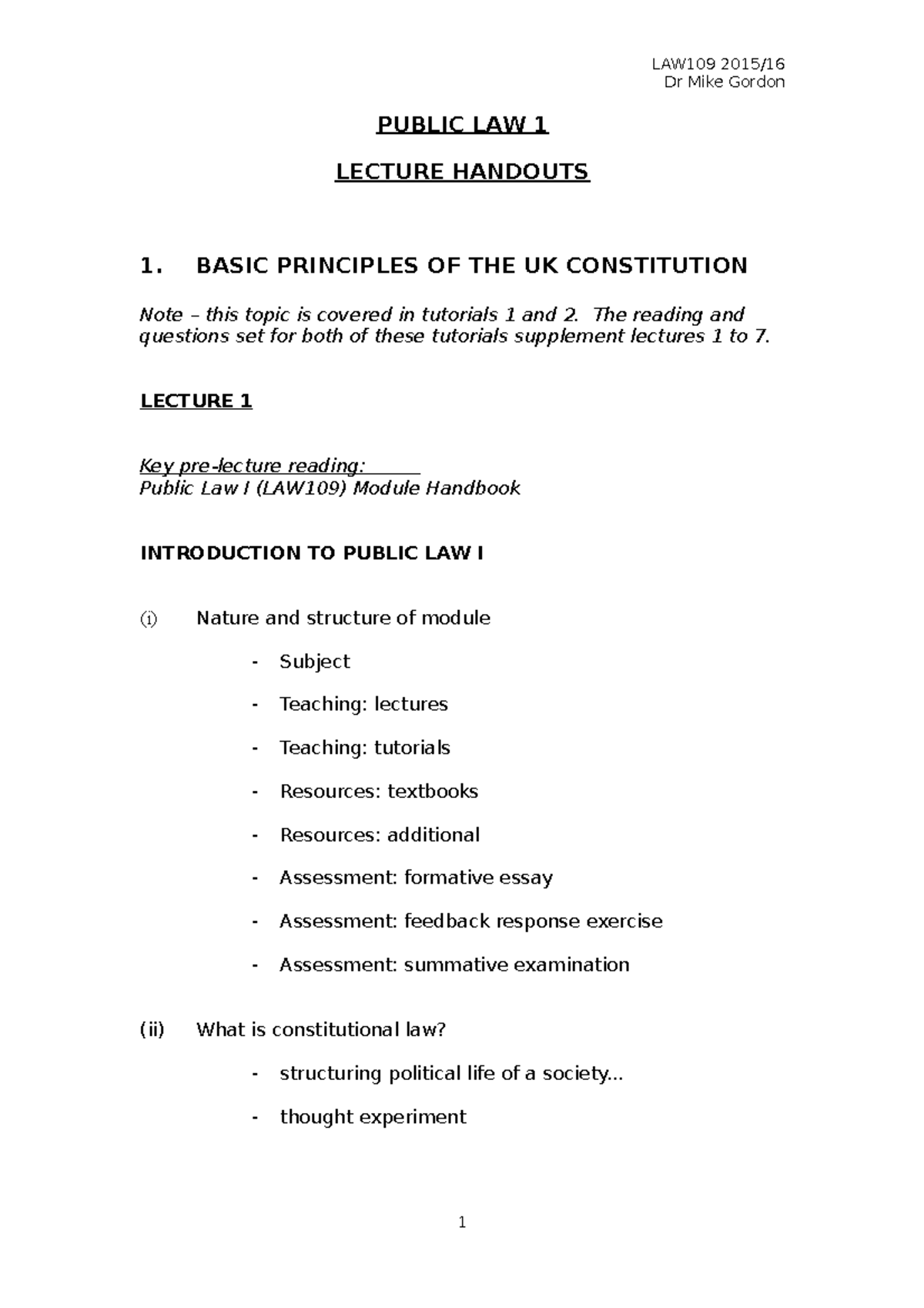 lecture handout - constitutions - Dr Mike Gordon PUBLIC LAW 1 LECTURE ...