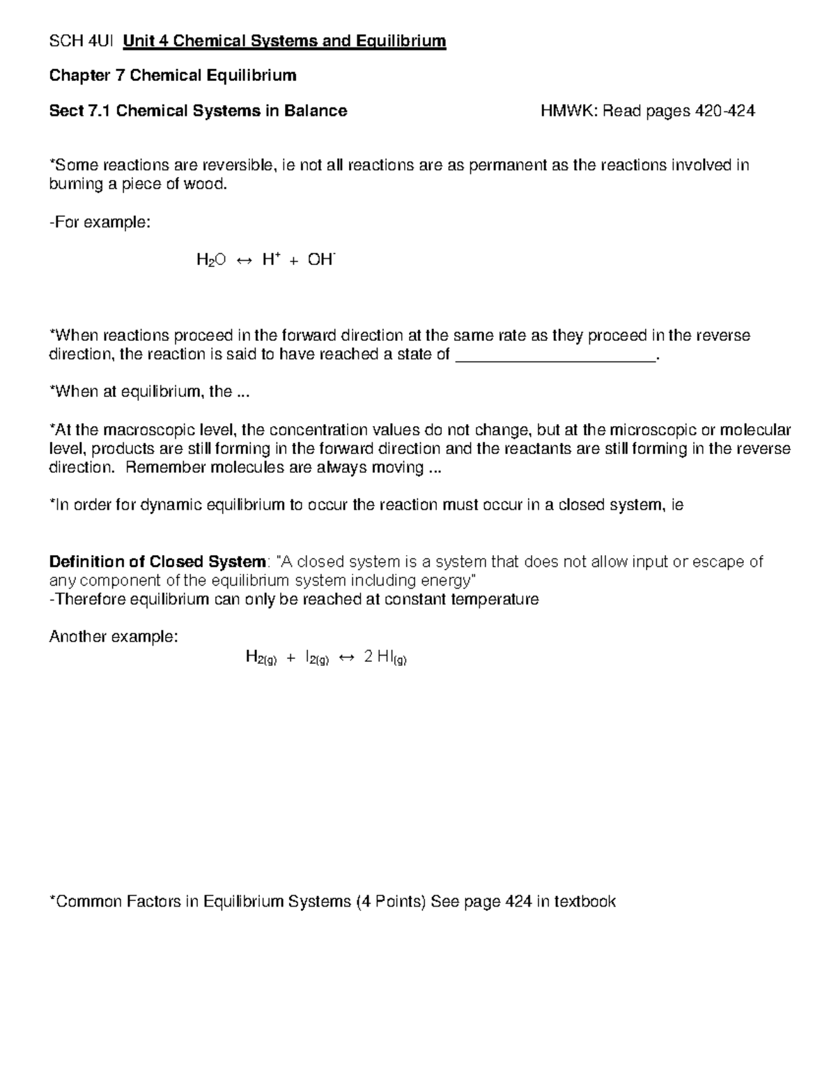 12notesunit 4equilmstudent - SCH 4UI Unit 4 Chemical Systems and ...