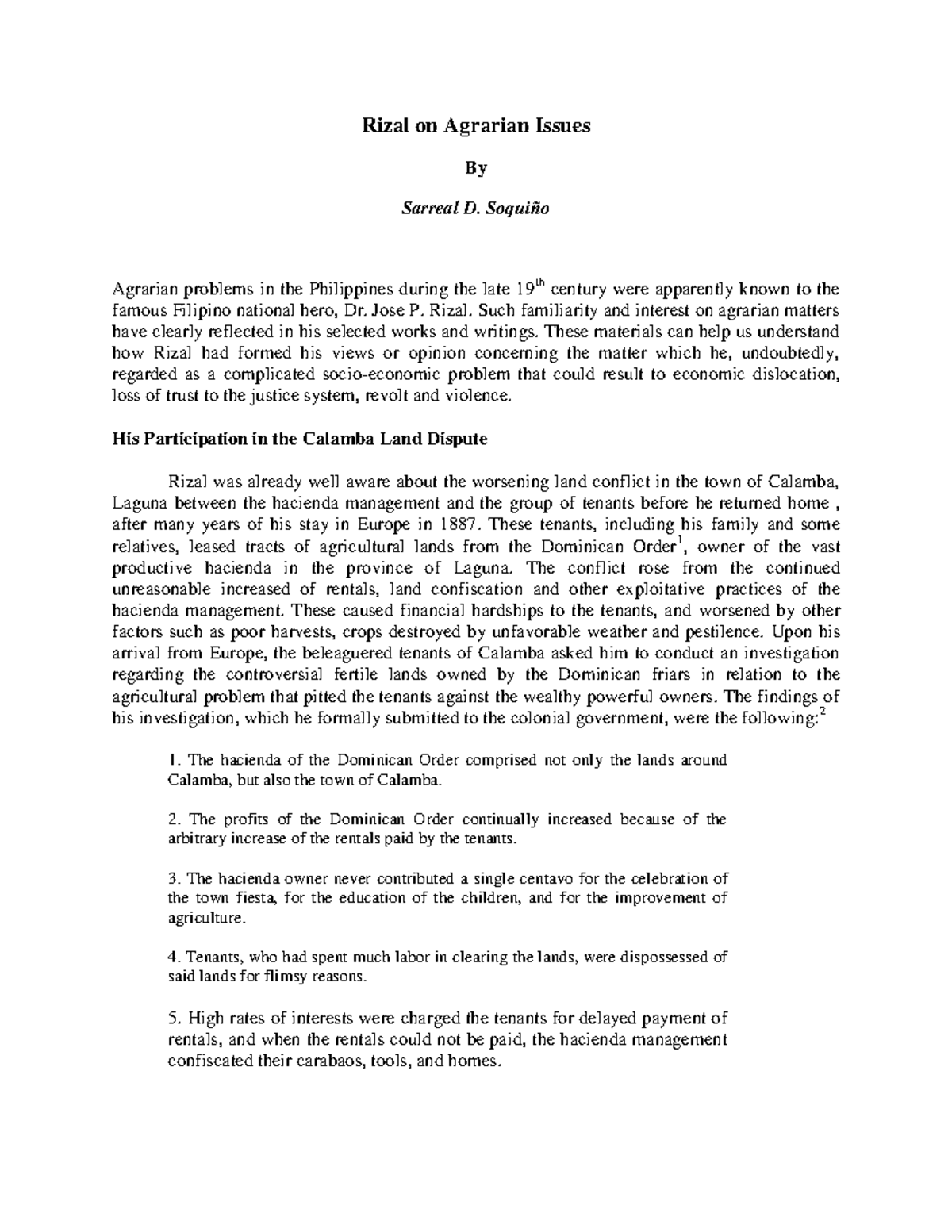 Rizal on Agrarian Issues - Rizal on Agrarian Issues By Sarreal D ...