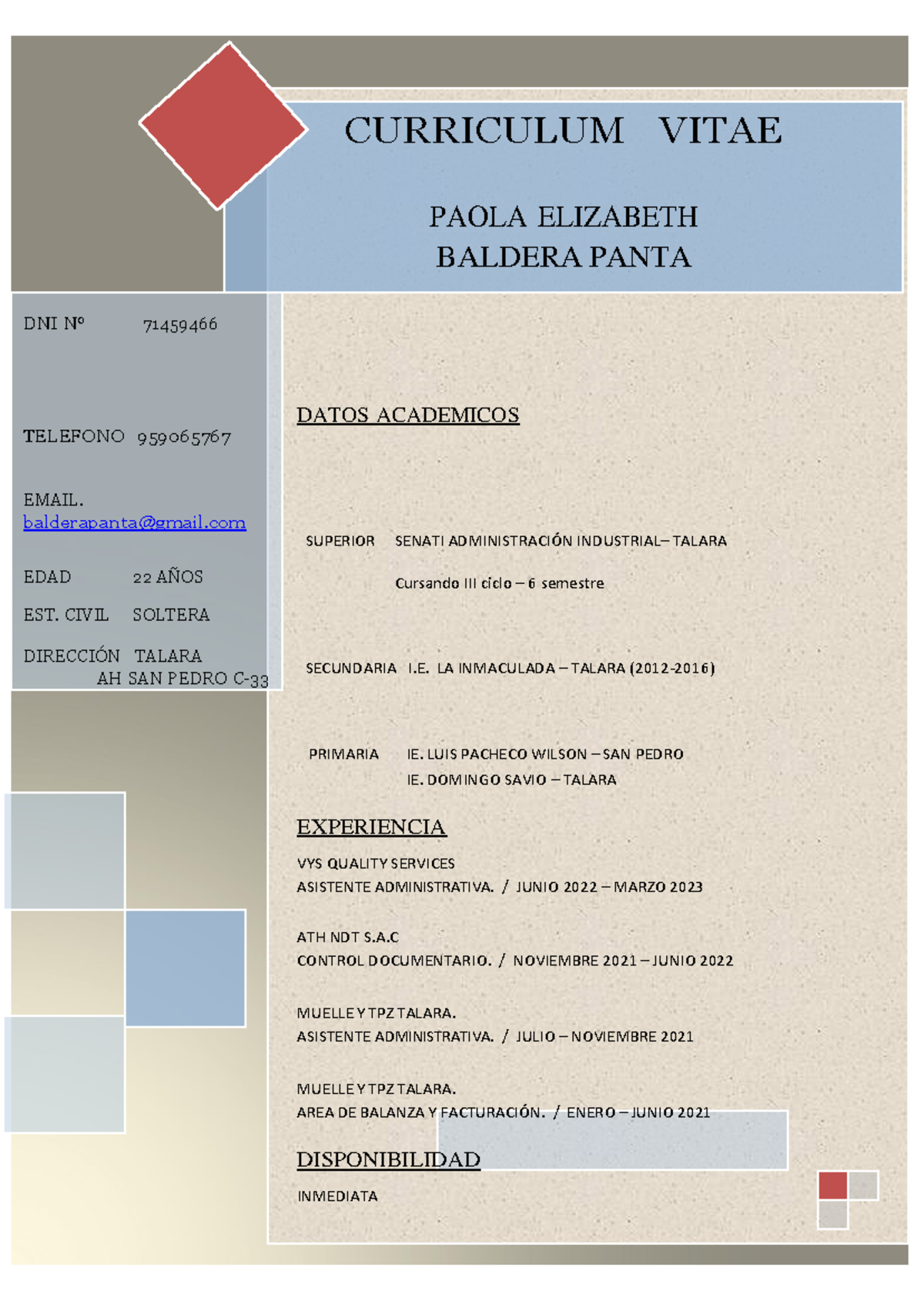 Applicant 1049011480 CV 1045720596 - CURRICULUM VITAE PAOLA ELIZABETH BALDERA PANTA DNI Nº ...