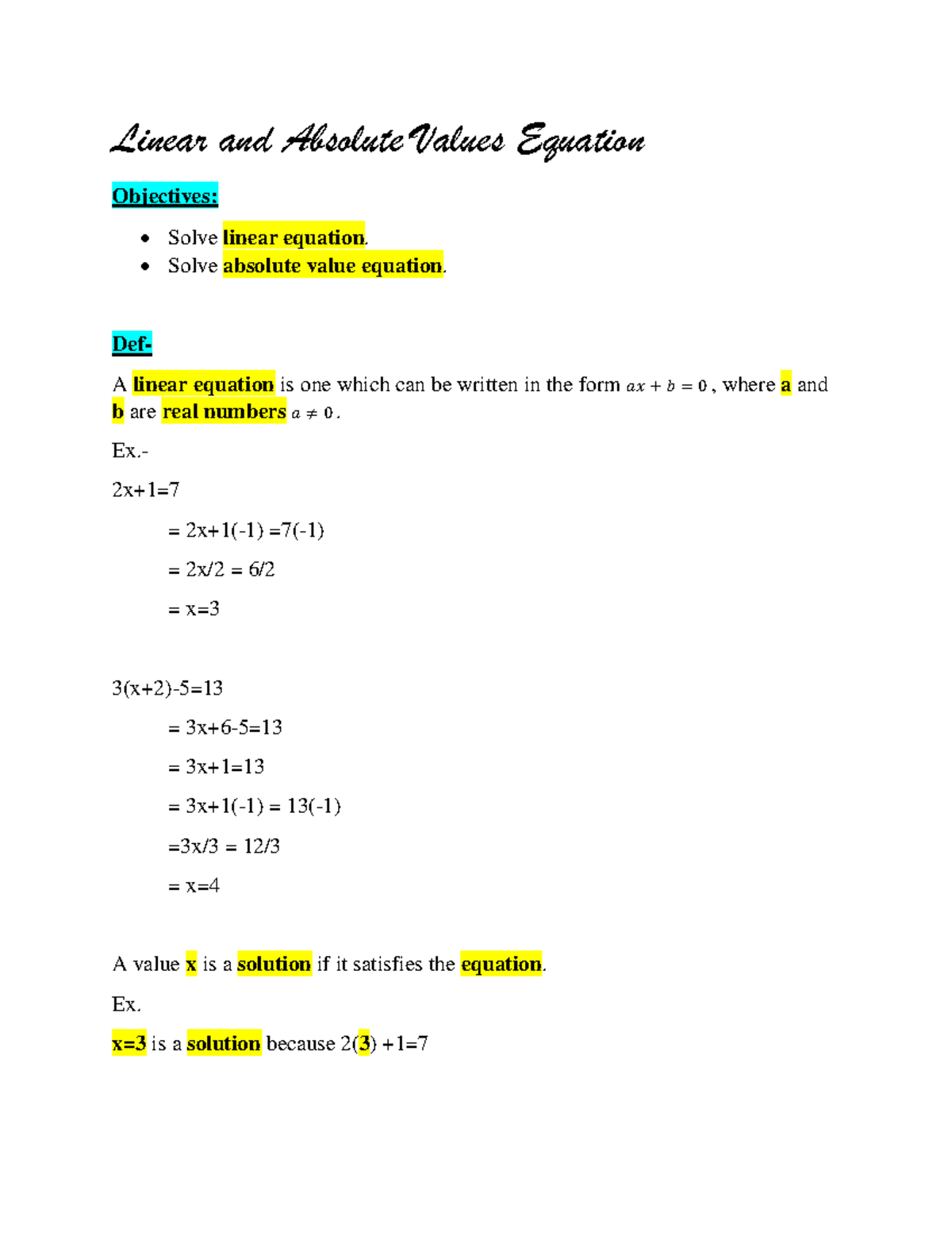 Linear and Absolute Values Equation Notes - Linear and Absolute Values ...