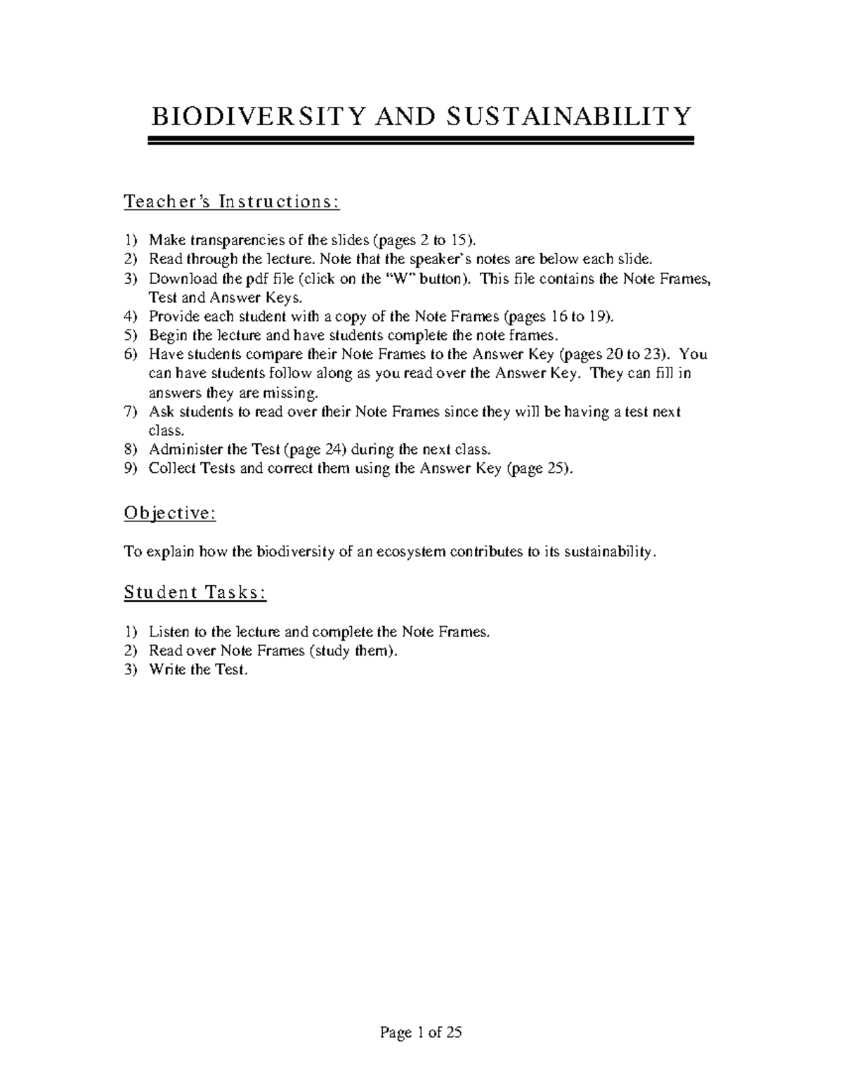 Biodiversity - BIO DIVE R S IT Y AND S US T AINABILIT Y ####### Te a c ...