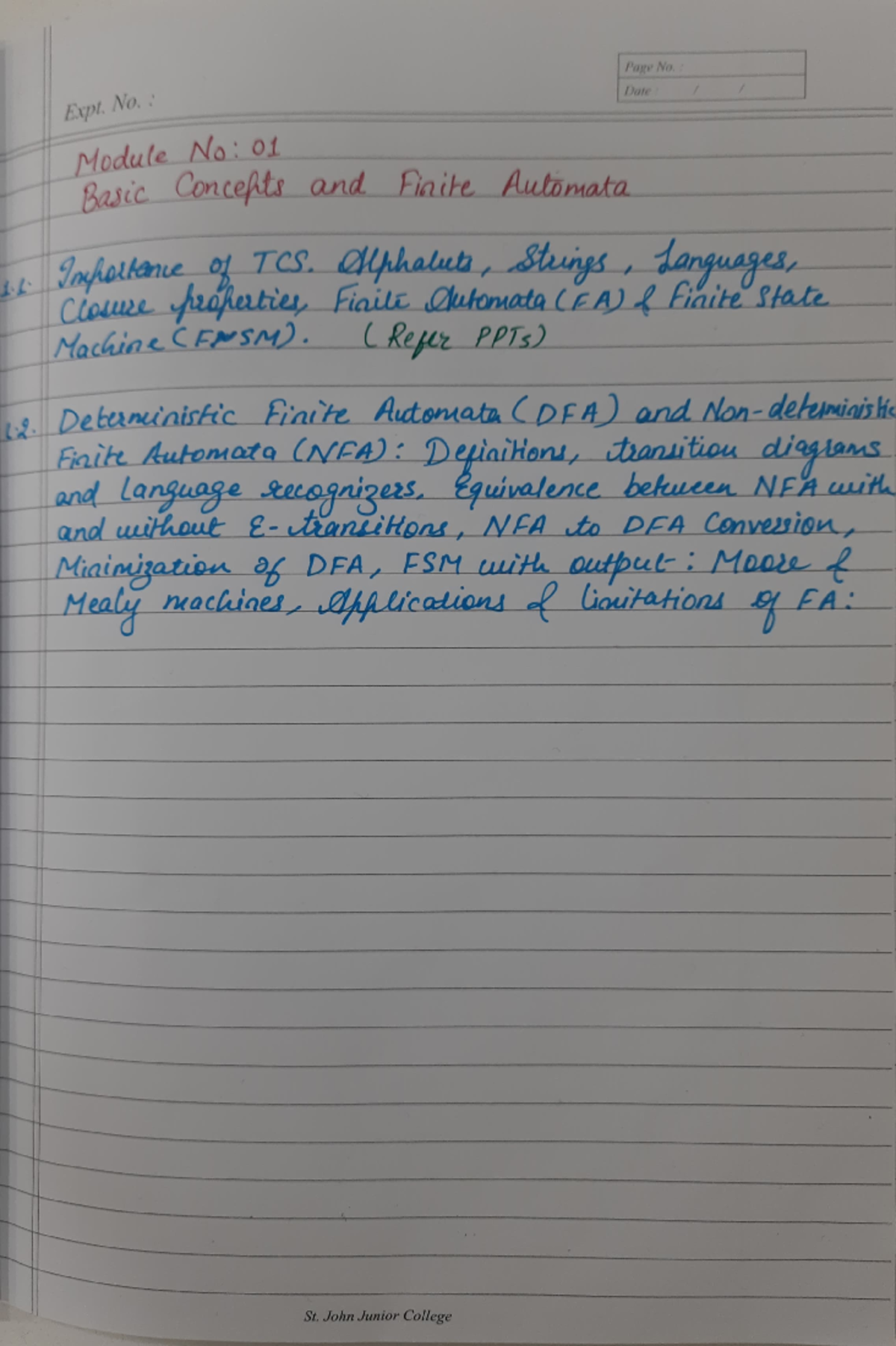 TCS Module no-1 - Page No. : Date Expt. No. : Module No: 01 Basic ...