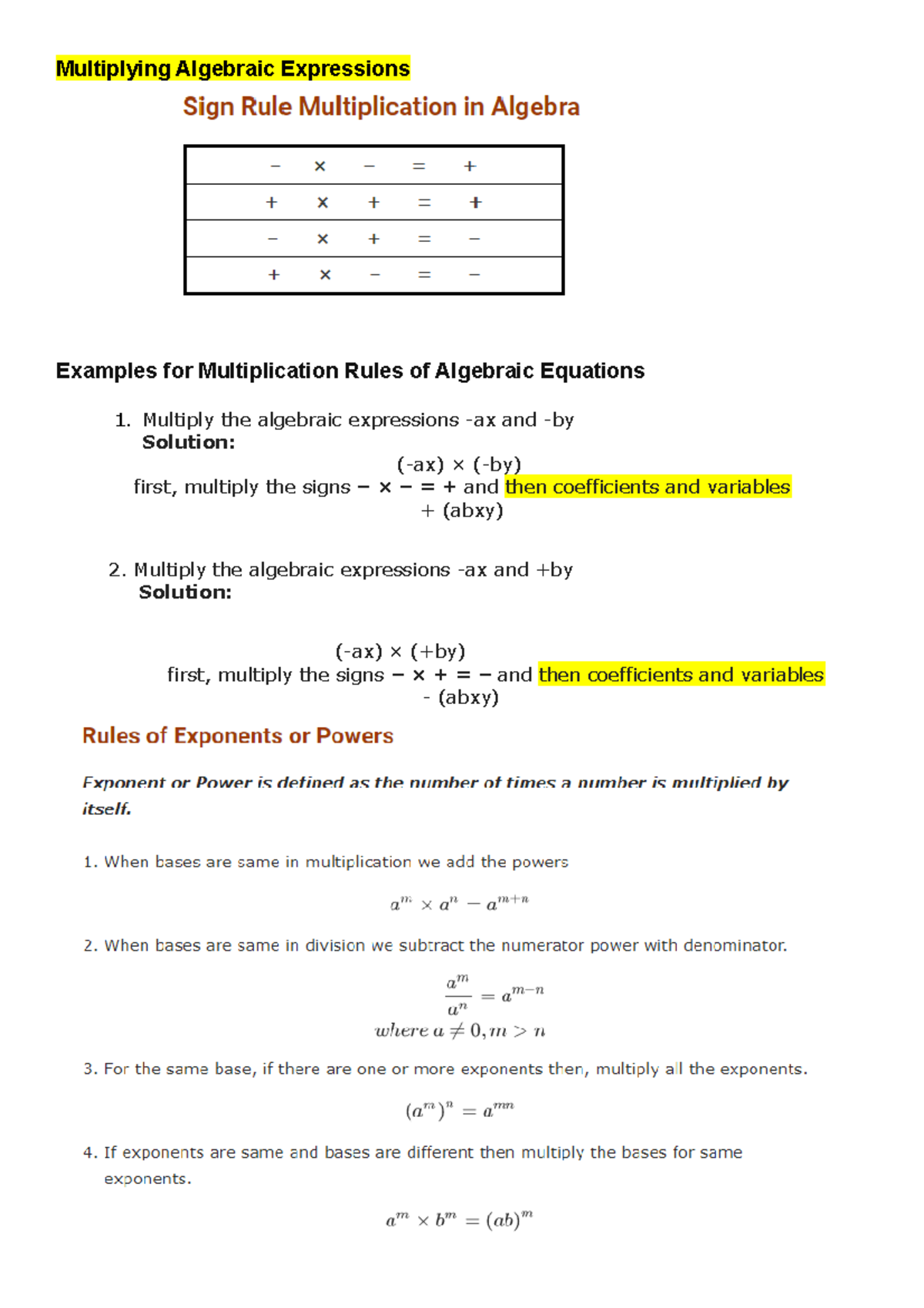 Multiplying Algebraic Expressions - Bsed Mathematics - Studocu
