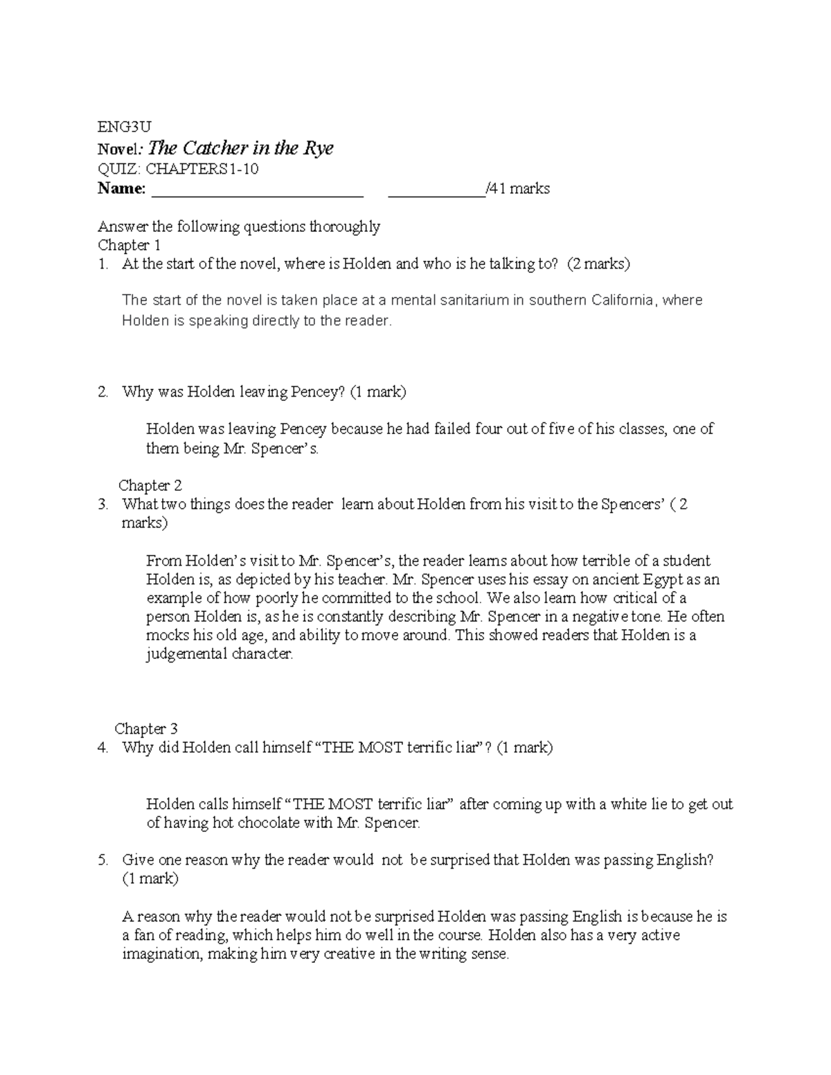 The Catcher In The Rye Quiz 1-10 - ENG3U Novel: The Catcher in the Rye ...