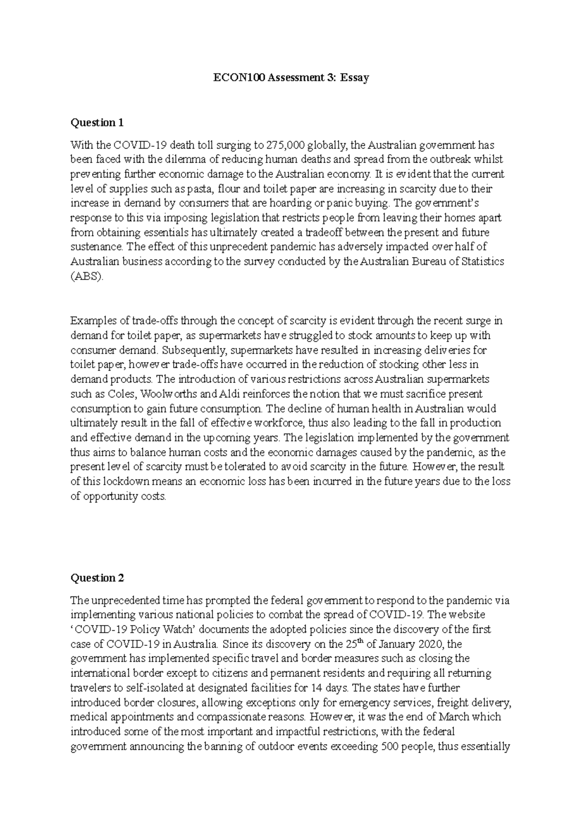 ECON100 Assessment 3 - Assignment - ECON100 Assessment 3: Essay ...