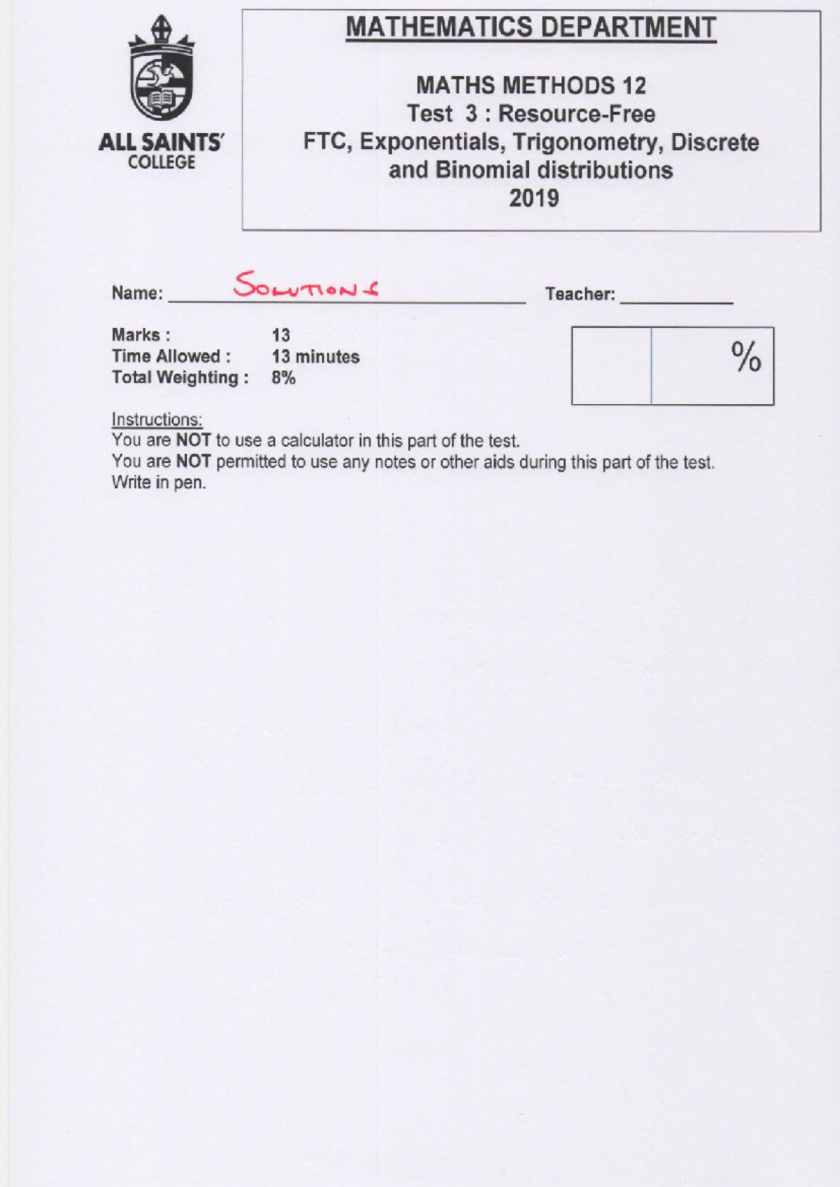 ASC Meth 2019 Test 3 CF FTC, Exponentials, Trigonometry, Discrete and ...