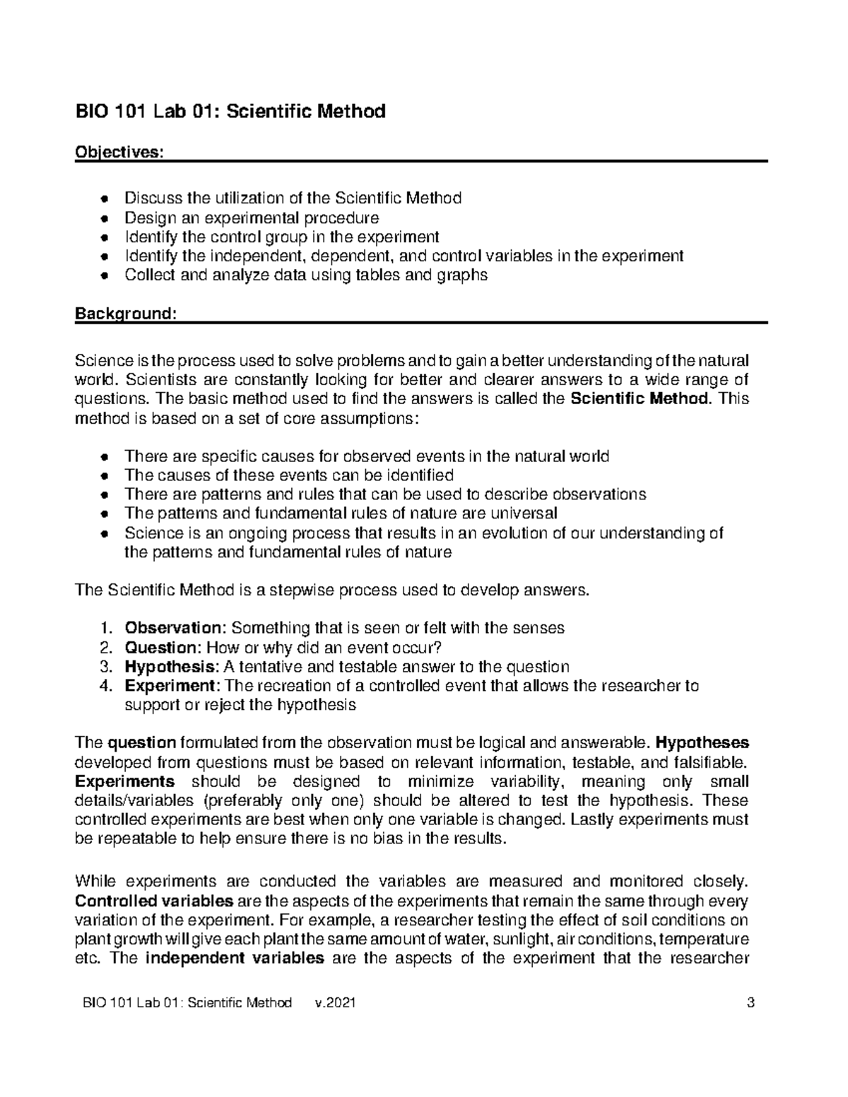 BIO101 Lab01 Scientific Method Woork Sheet-2 - BIO 101 Lab 01: Scientific Method Objectives ...