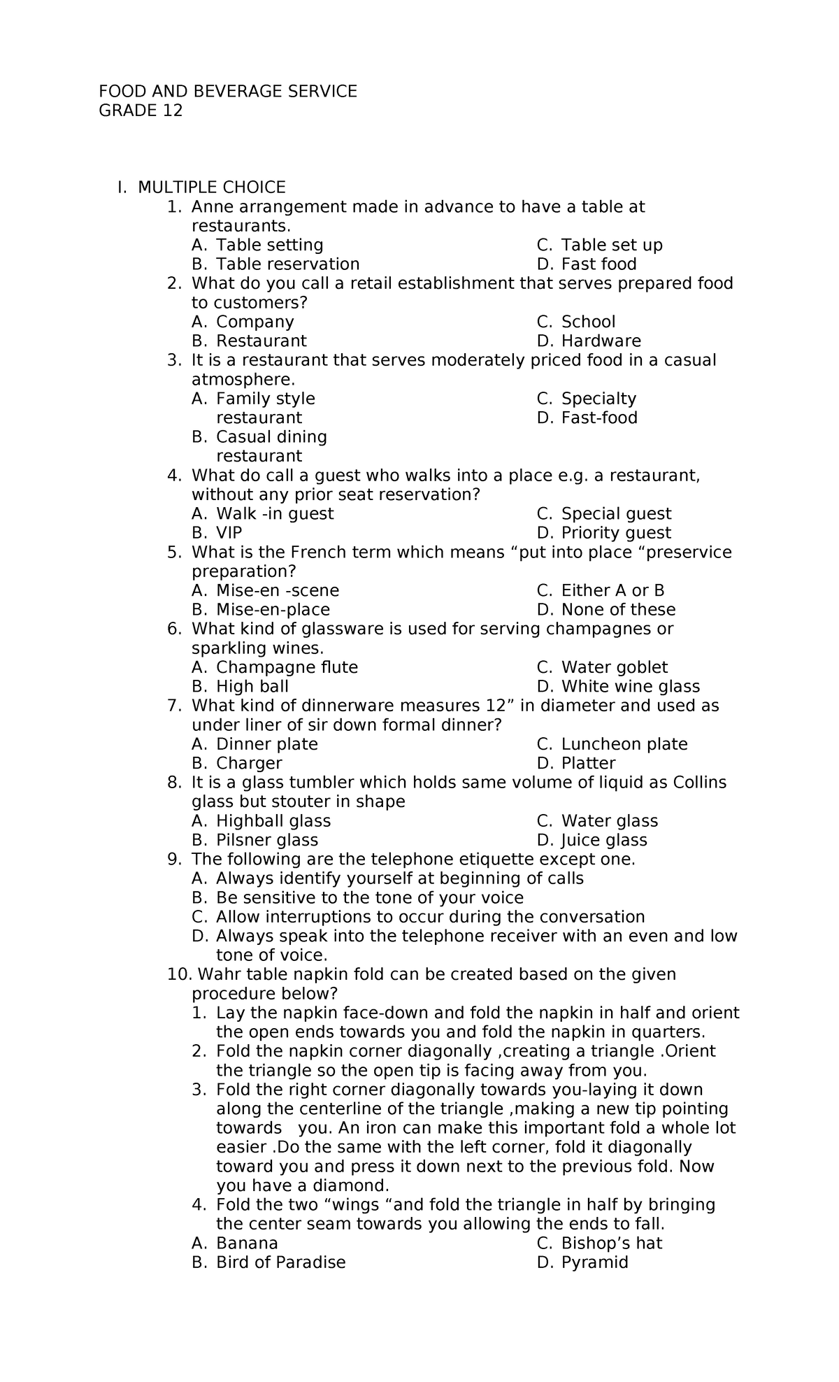 FBS EXIT EXAM - FOOD AND BEVERAGE SERVICE GRADE 12 I. MULTIPLE CHOICE 1 ...