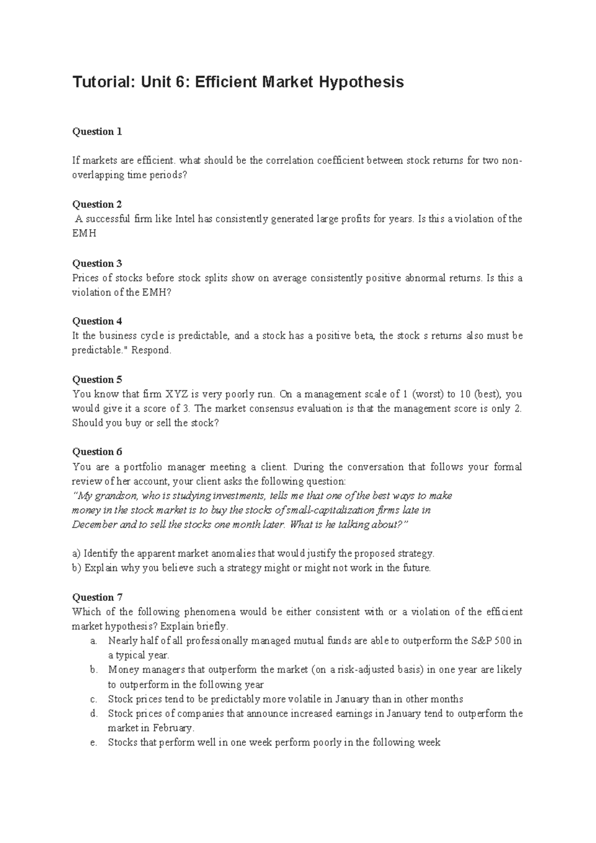Tutorial Efficient Market Hypothesis copy - Tutorial: Unit 6: Efficient Market Hypothesis ...