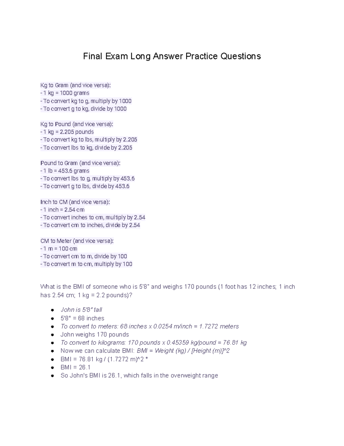 NUTR 100 - Final Exam Long Answer Practice Questions - Final Exam Long ...