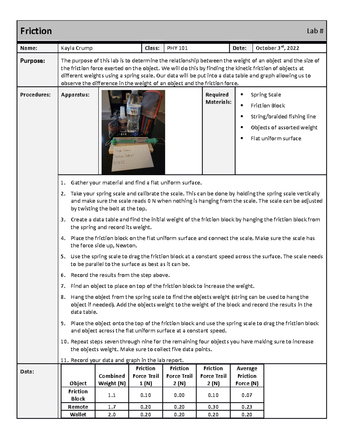 Lab 3 Physics 101 - Lab practice - Friction Lab Name: Kayla Crump Class ...
