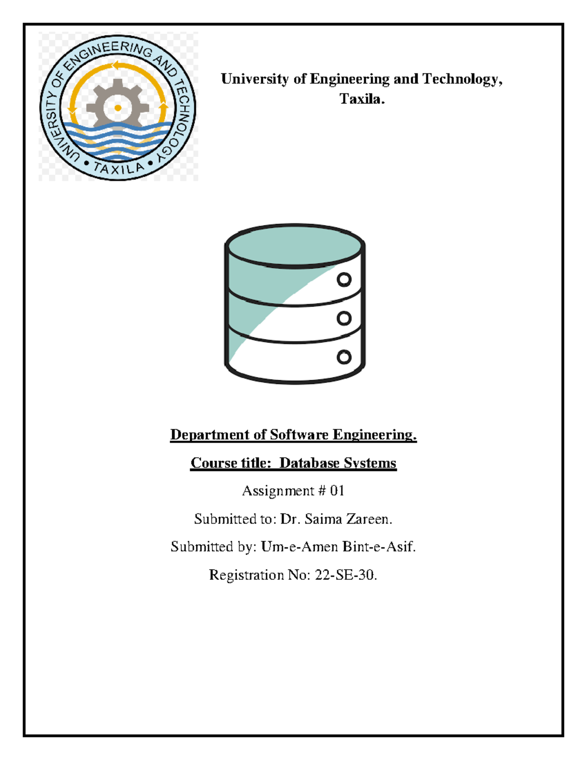 Assignment 1 - University of Engineering and Technology, Taxila. Department of Software ...