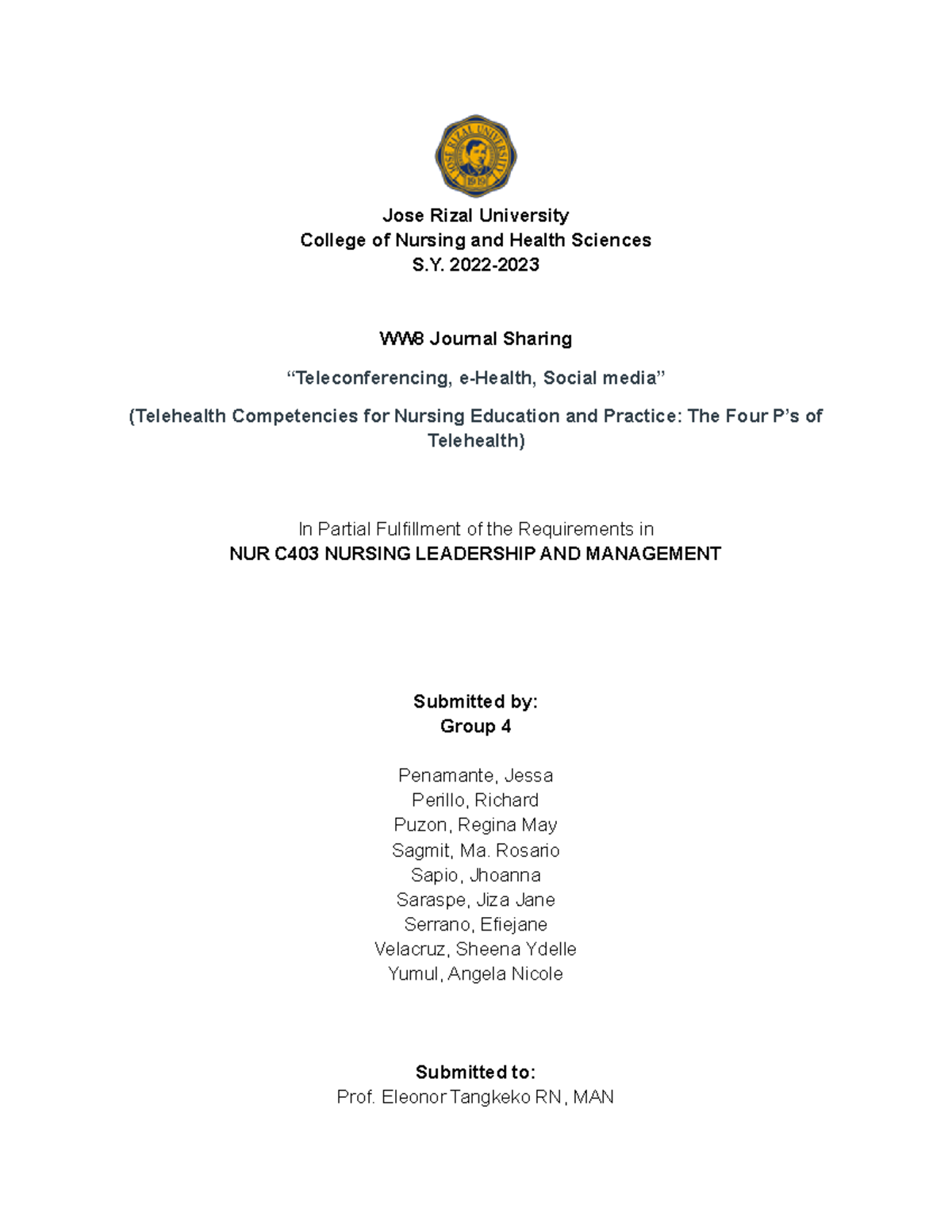 WW8 Journal Sharing - Acts - Jose Rizal University College of Nursing ...