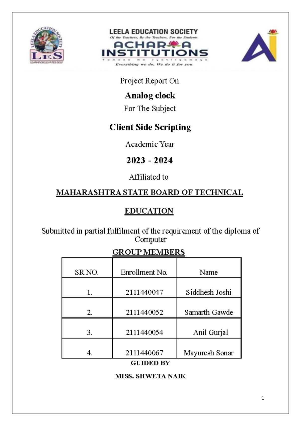 CSS Project - Project Report On Analog clock For The Subject Client Side Scripting Academic Year ...