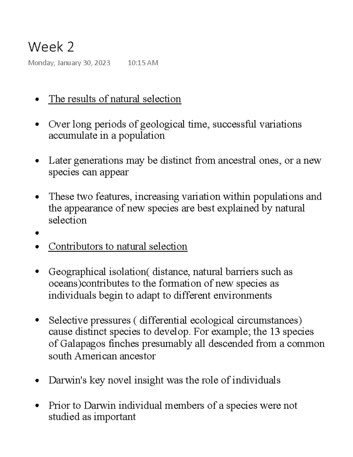 Week 2 - week 2 chapter 2 - The results of natural selection Over long periods of geological ...