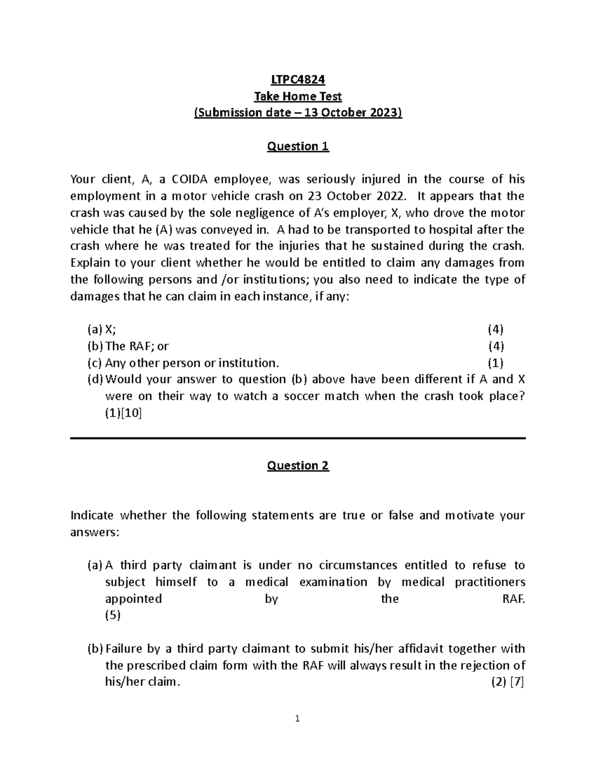 Take Home Test - 13 October 2023 - LTPC Take Home Test (Submission date ...
