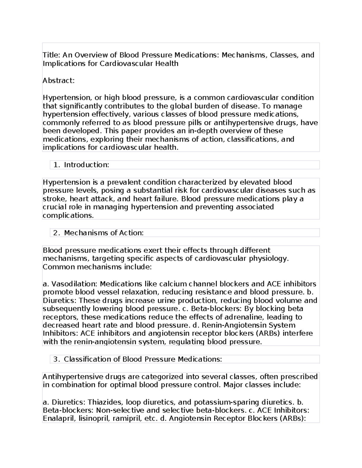 Bp notes - Title: An Overview of Blood Pressure Medications: Mechanisms ...