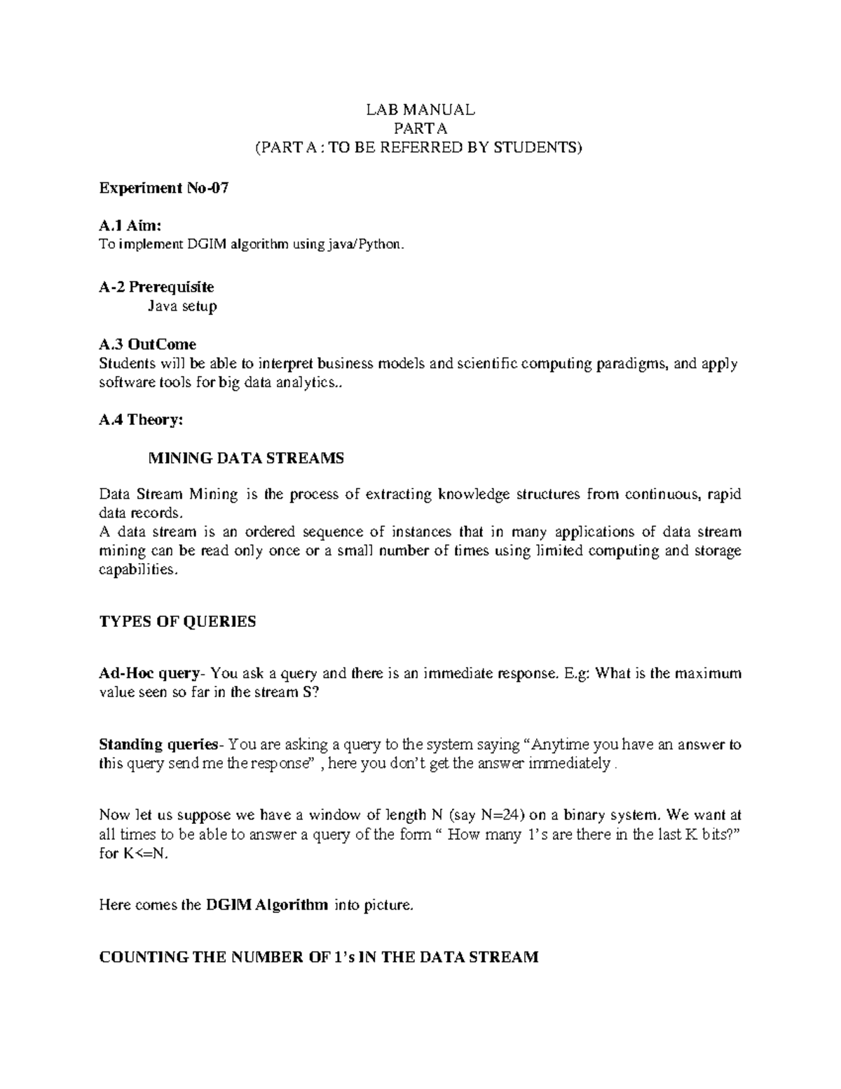 BDA Exp7 dgim - bda practical - LAB MANUAL PART A (PART A : TO BE REFERRED BY STUDENTS ...
