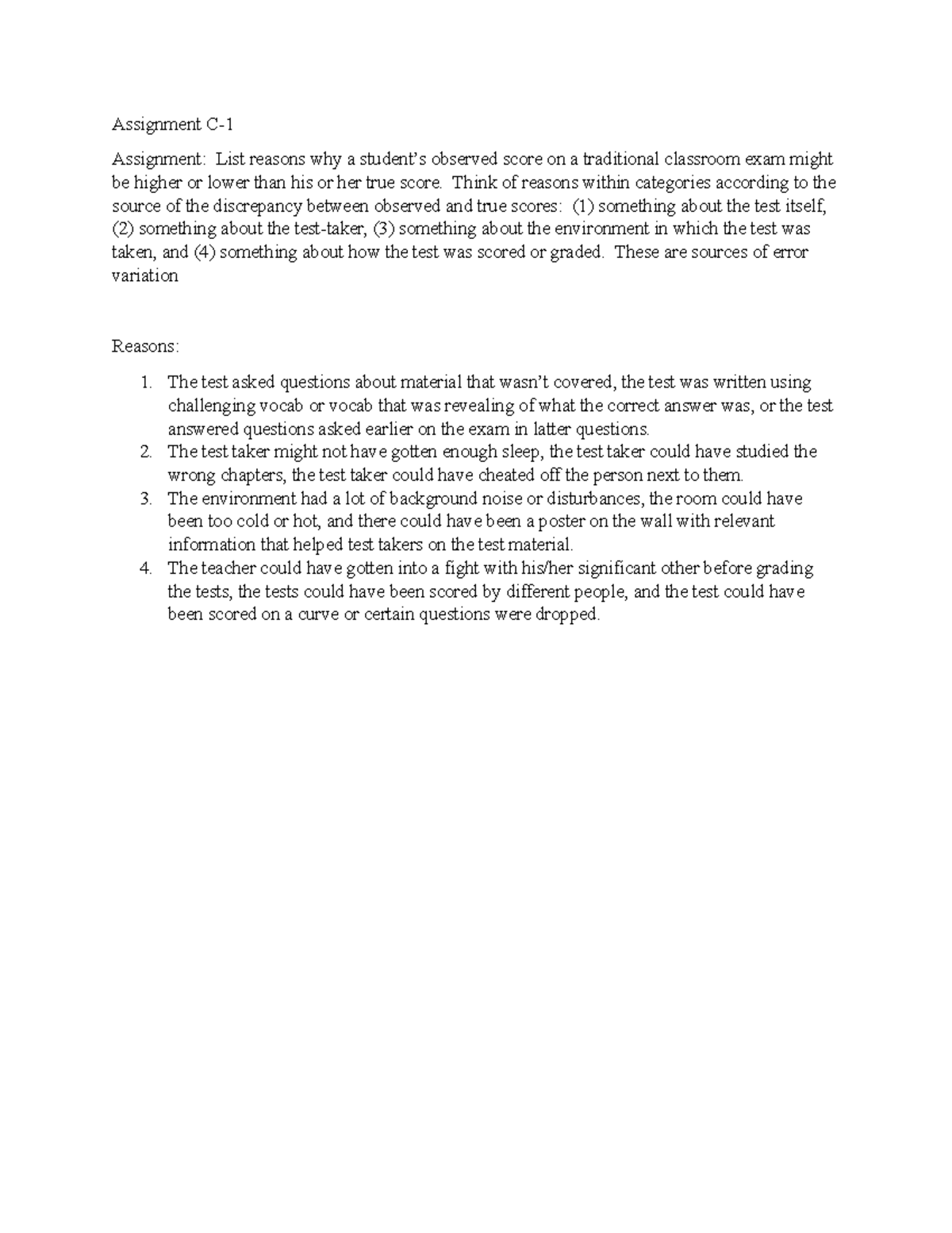 Assignment C1 - Assignment C- Assignment: List reasons why a student’s ...