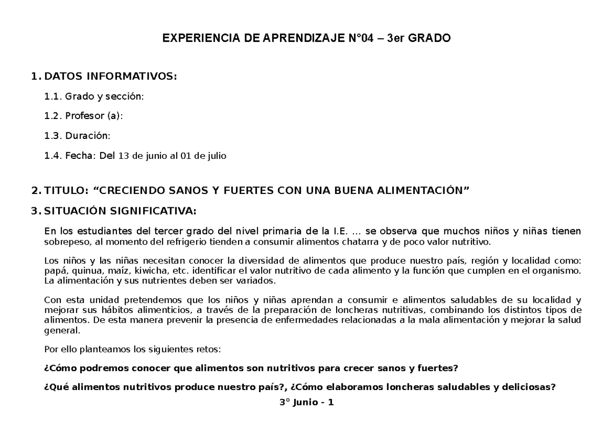 3° Grado - Experiencia DE Aprendizaje N°04 - EXPERIENCIA DE APRENDIZAJE N°04 – 3er GRADO 1 ...