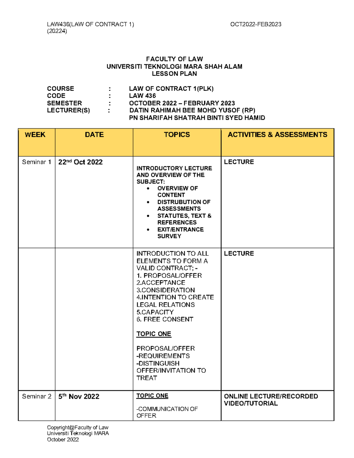 Ui Tmlaw Lesson PLAN FOR SEM OCT 2022 - FEB 2023 LAW436 PLK - (20224 ...