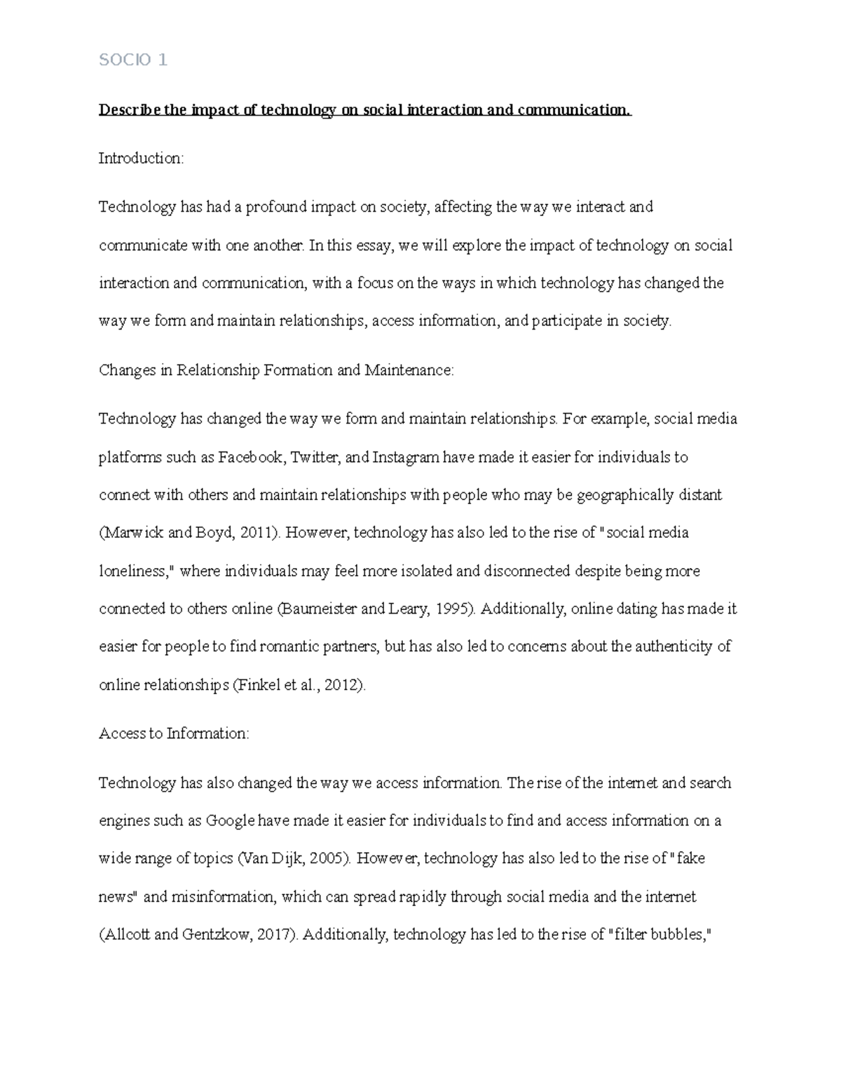 Describe the impact of technology on social interaction and ...