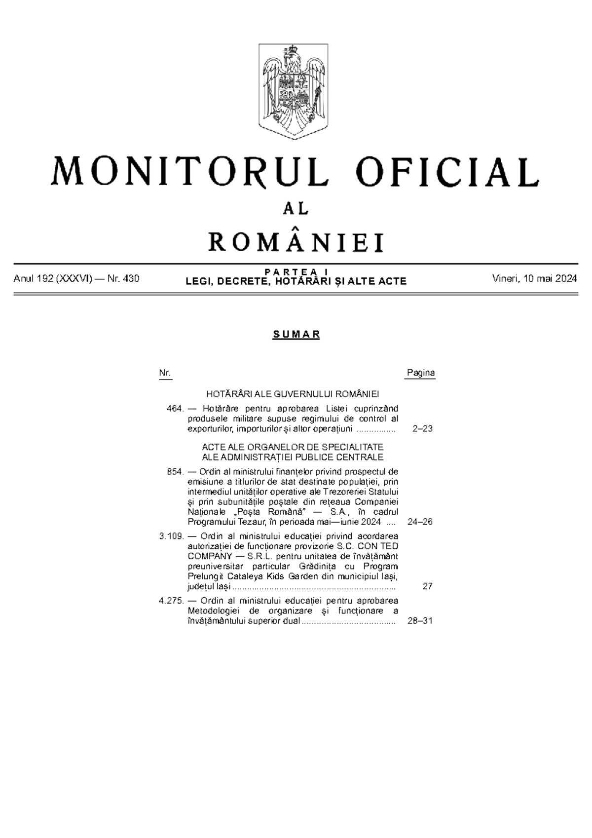 Monitorul Oficial Partea I nr. 430 - P A R T E A I Anul 192 (XXXVI ...
