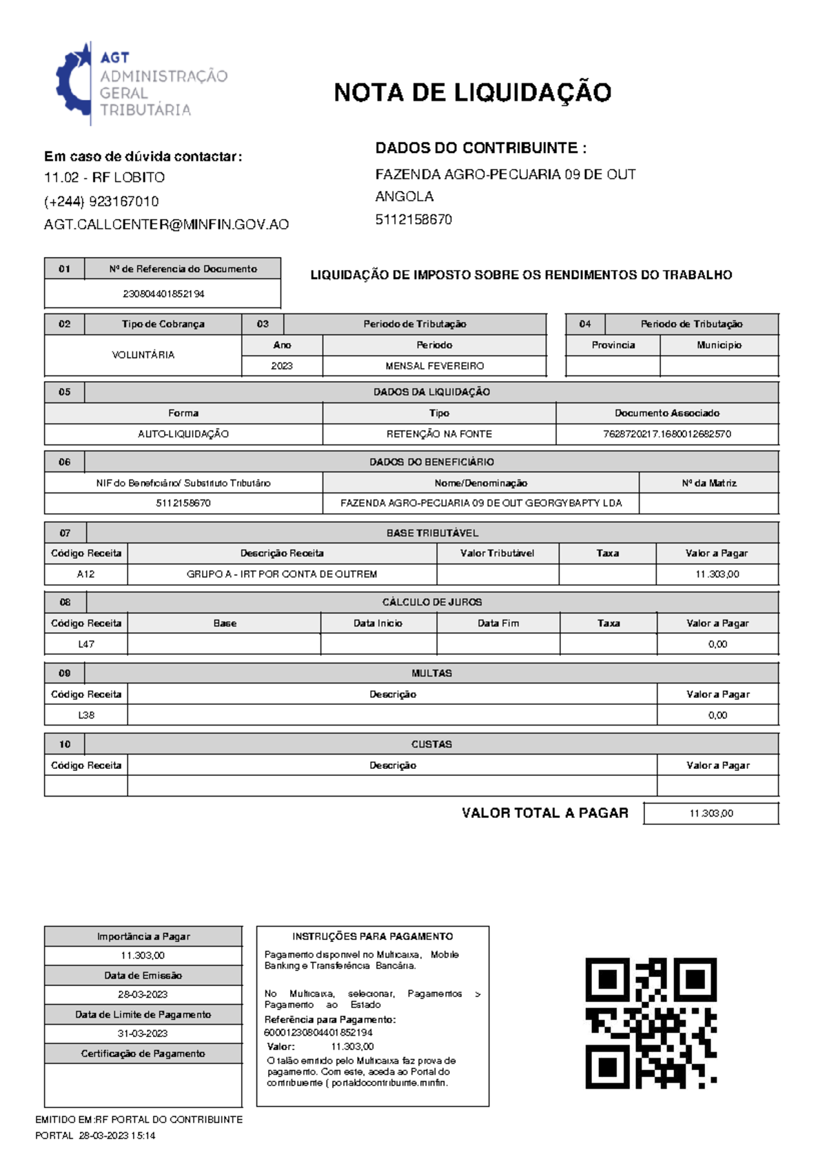 02 Fevereiro IRT 2023 DC - DADOS DO CONTRIBUINTE : 5112158670 ANGOLA 11 ...