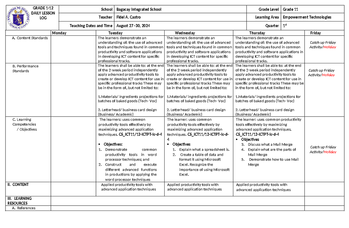 Etech-WEEK 5 - Lesson Plan in Empowerment Technology - GRADE 1- DAILY ...