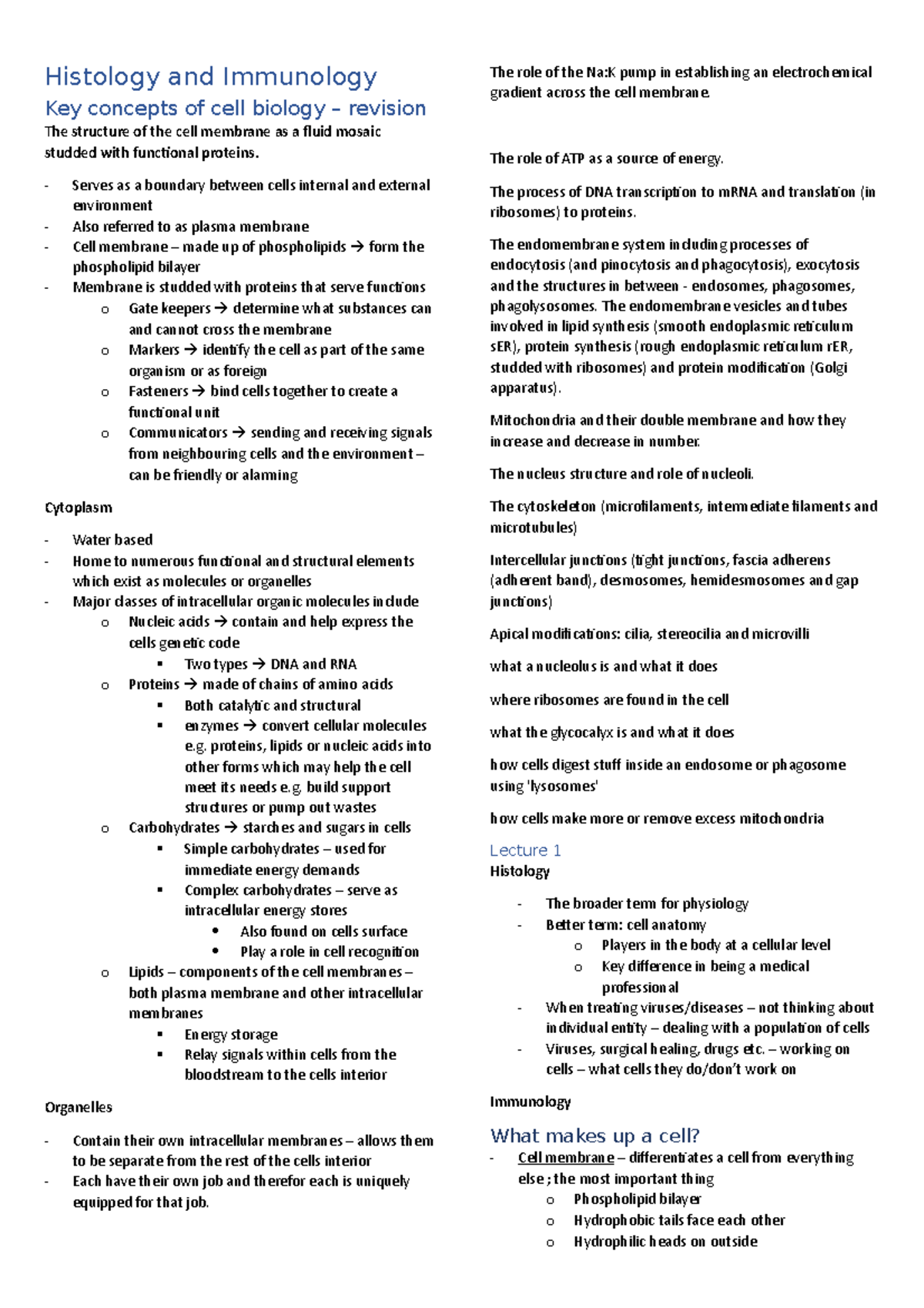 Histology and Immunology Notes - Histology and Immunology Key concepts ...
