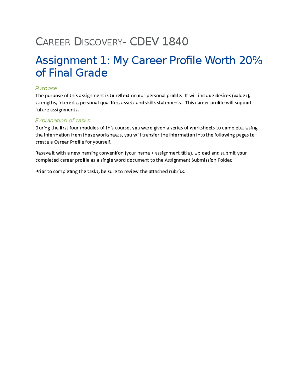 CDEV1840 Career Discovery Assignment 1 My Career Profile - CAREER ...